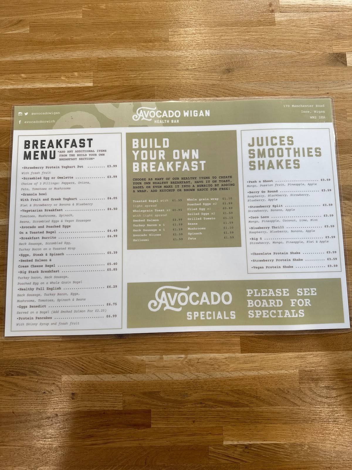 Menu at Avocado Health Bar Wigan, Wigan
