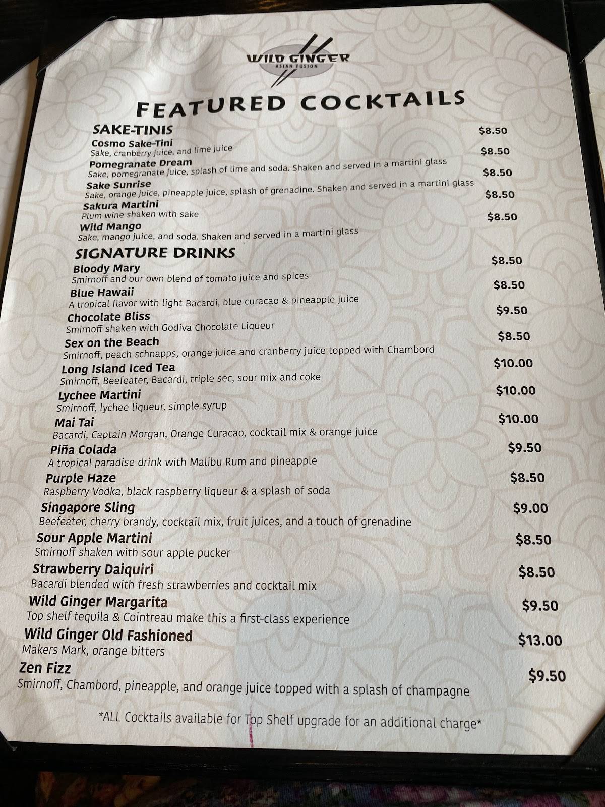 Menu at Wild Ginger Asian Fusion restaurant, Columbus