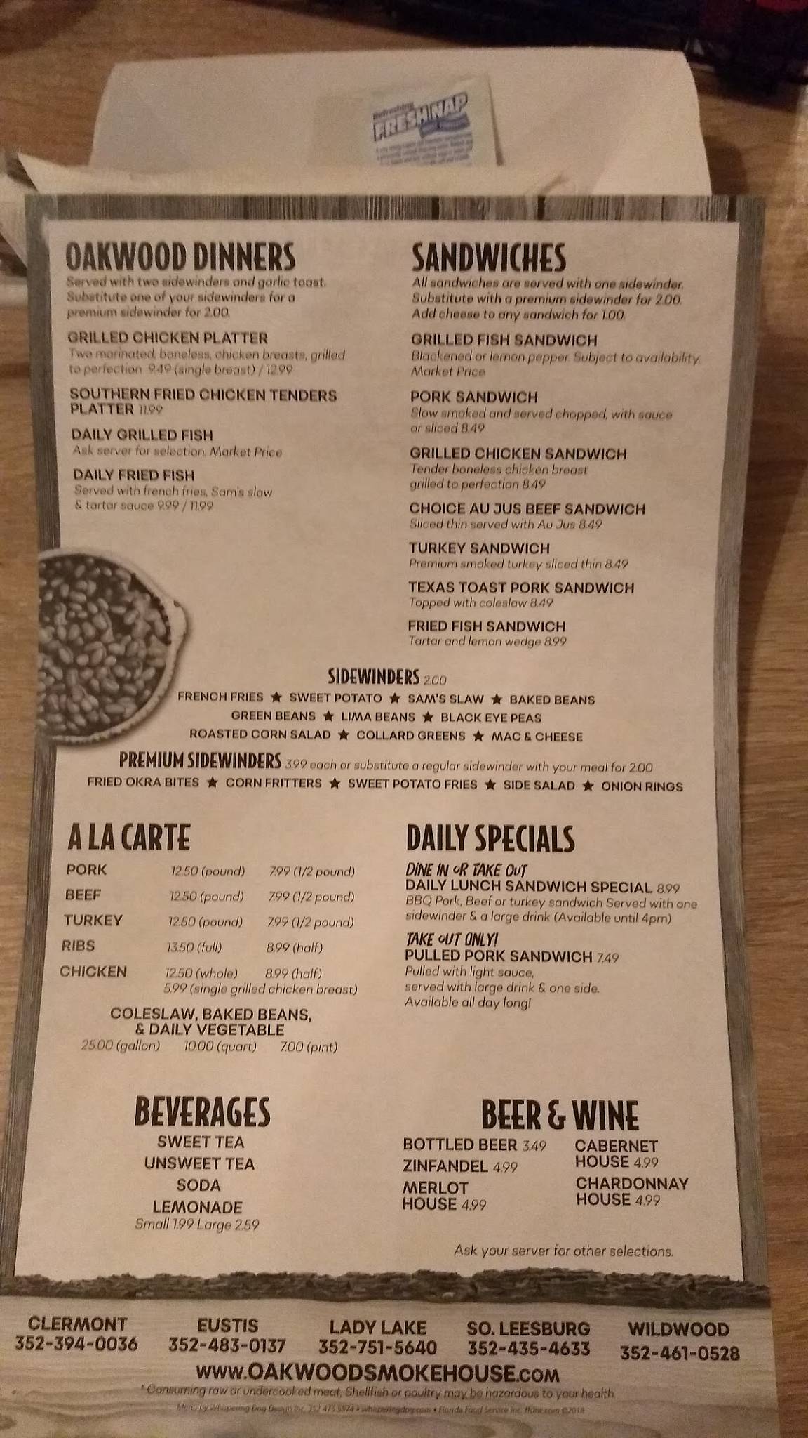 Menu at Oakwood Express Smokehouse & Grill BBQ, Wildwood