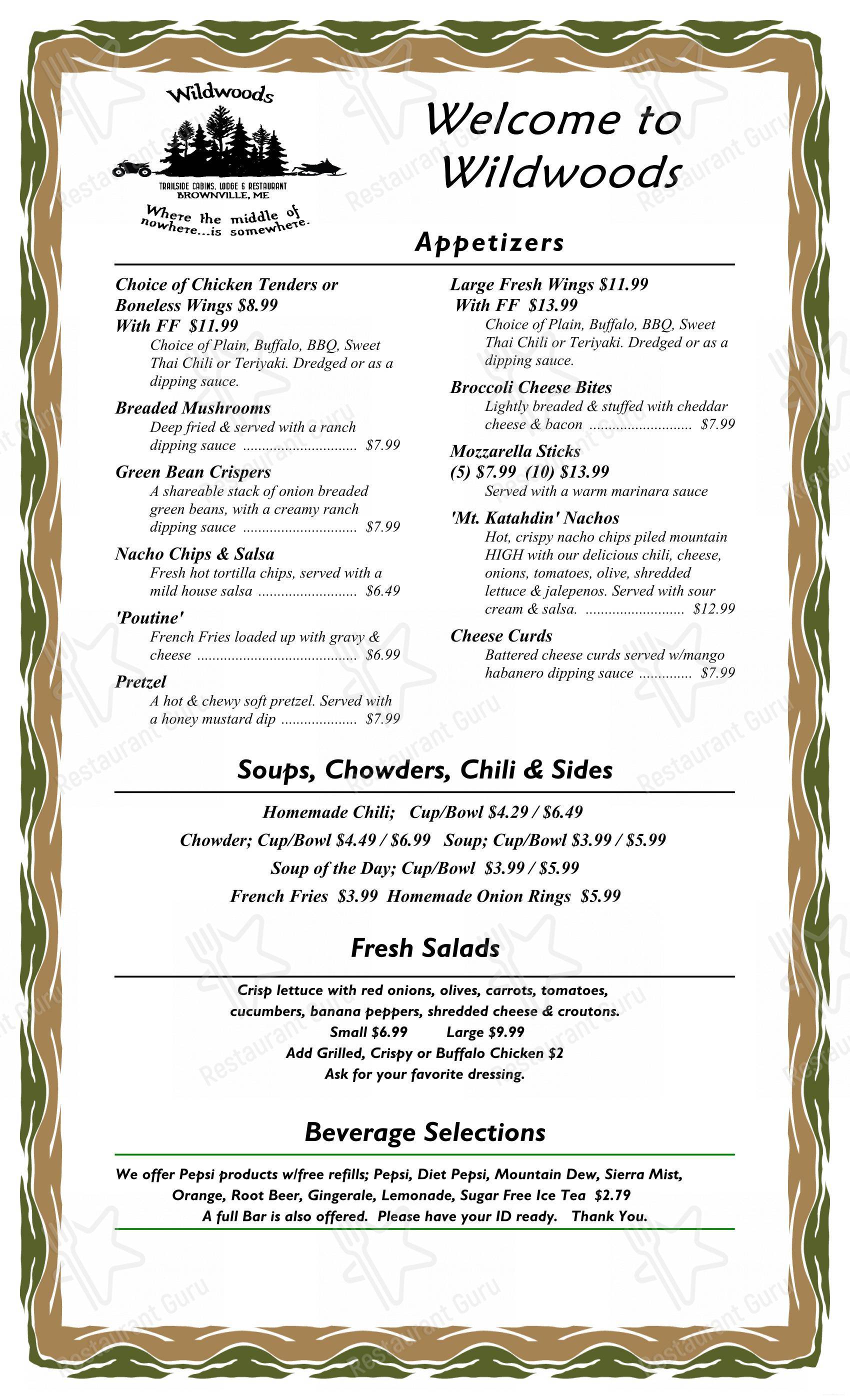 Menu at Wildwoods Trailside Cabins, Lodge & Restaurant, Brownville
