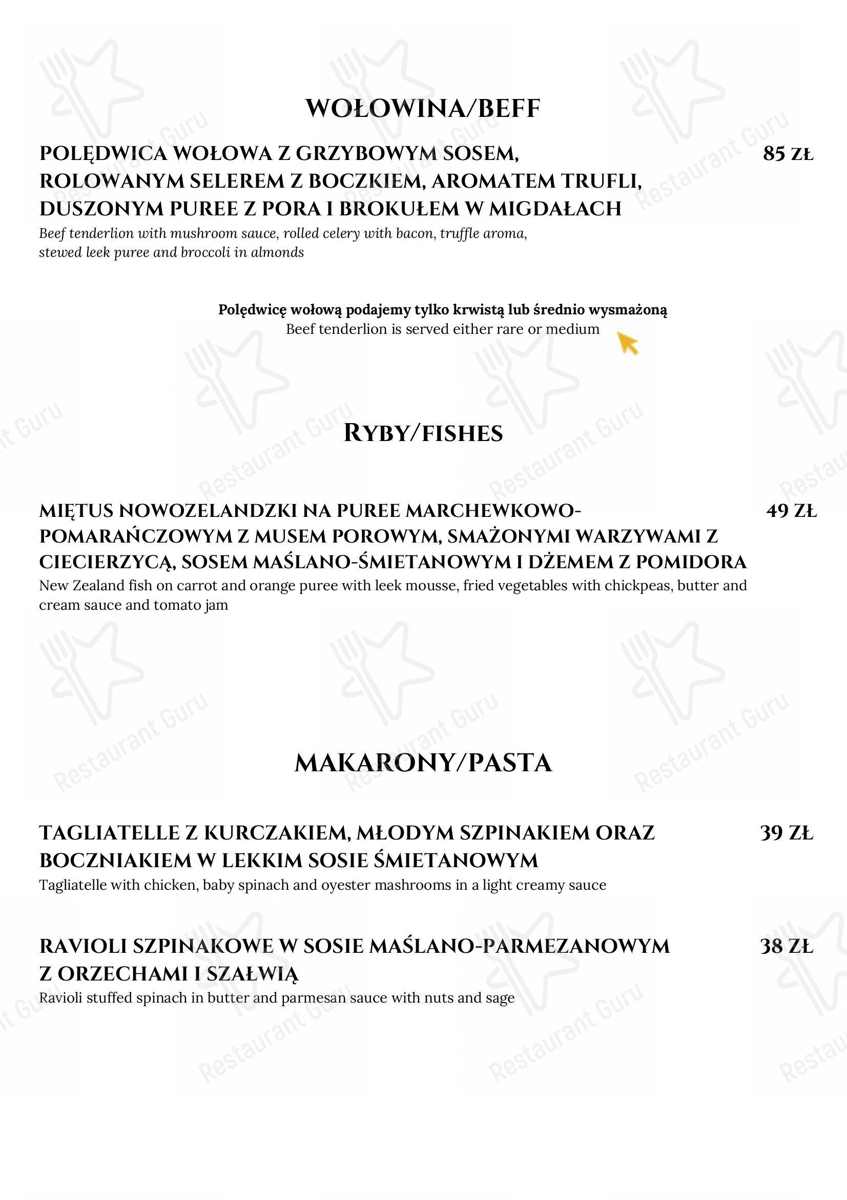 Menu at Willa Pod Bramą restaurant, Sandomierz