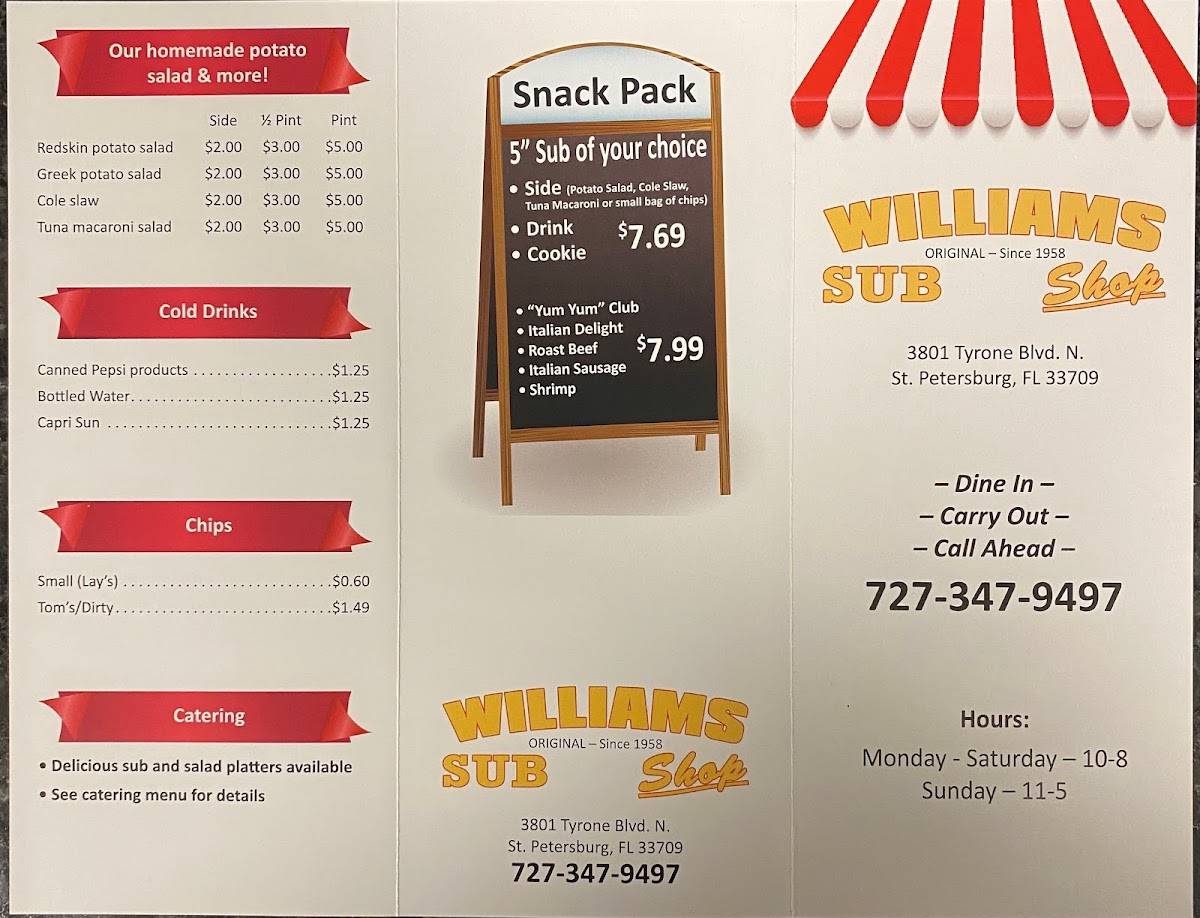 Menu at Williams Sub Shop restaurant, Saint Petersburg