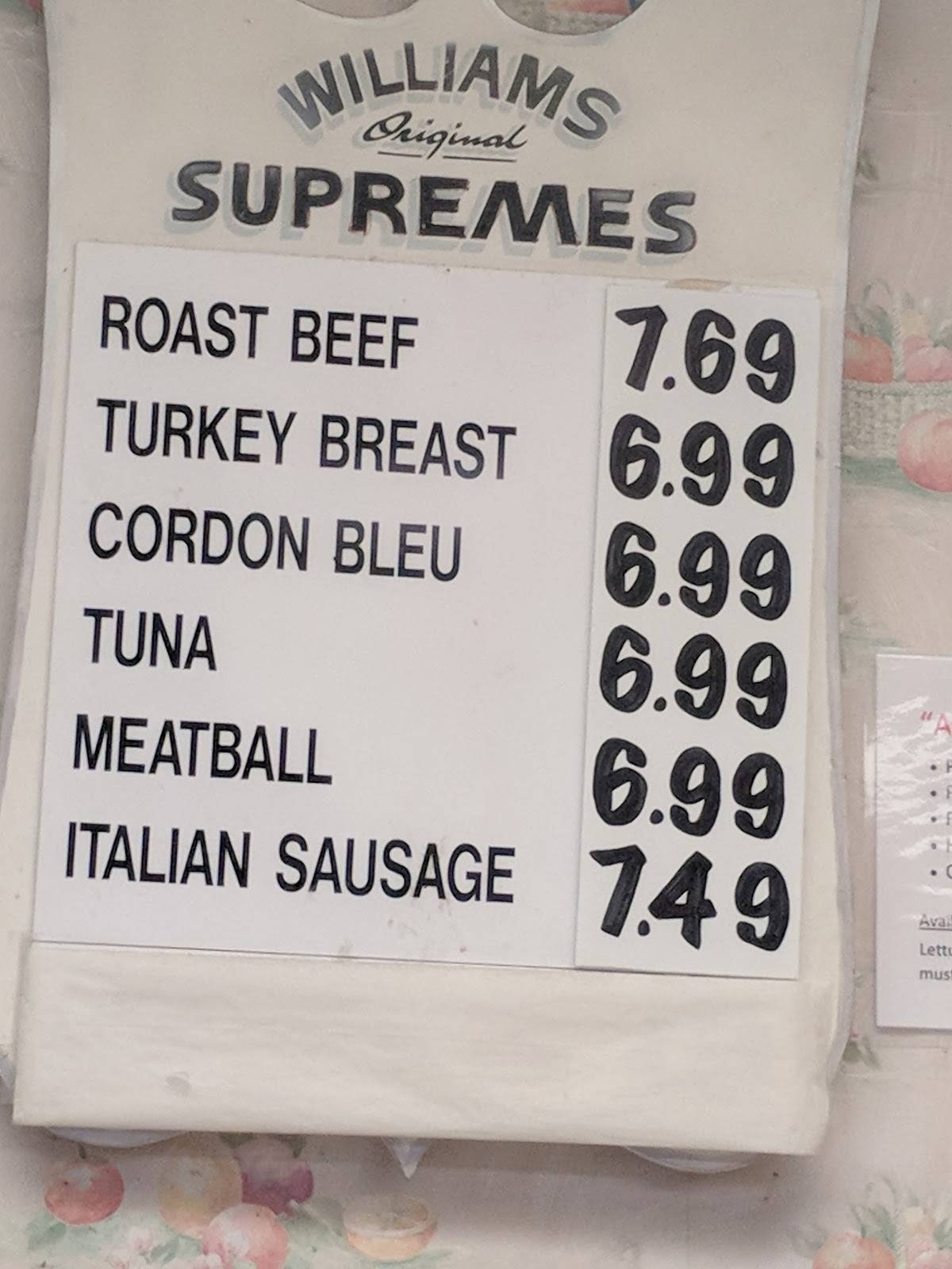 Menu at Williams Sub Shop restaurant, Saint Petersburg