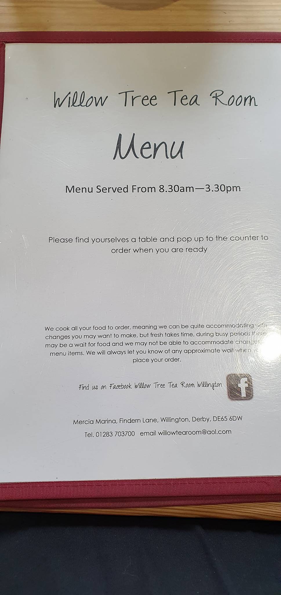 Menu at Willow Tree Tea Room cafe, Derby