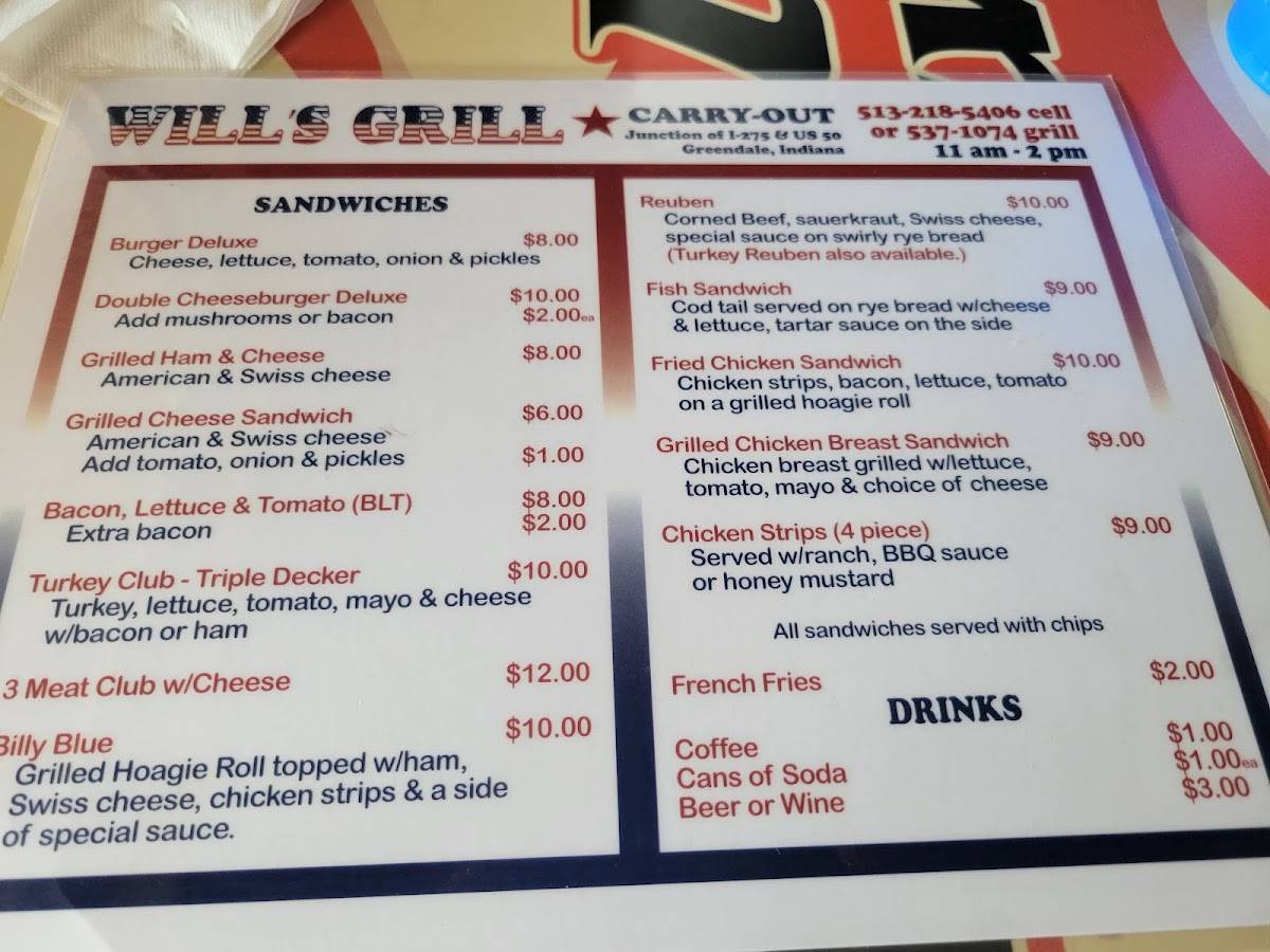 Menu at Will's Grill restaurant, Greendale