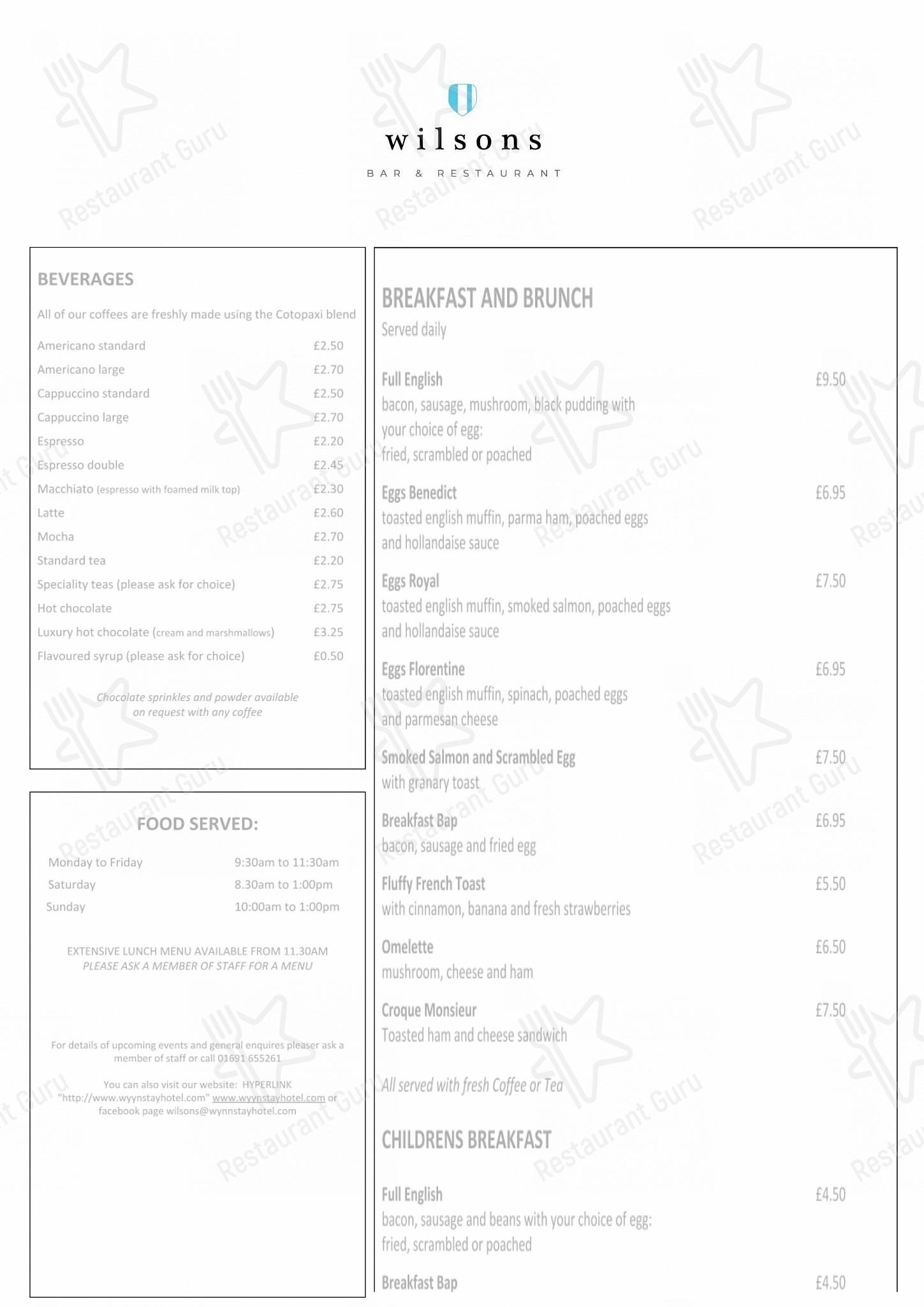 Menu at Wilsons pub & bar, Oswestry