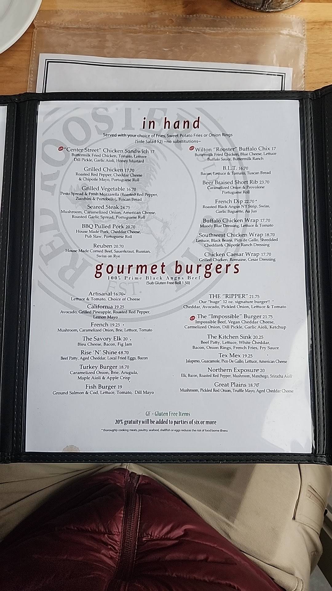 Menu at Red Rooster Pub, Wilton