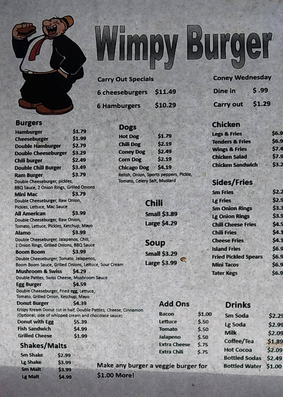 Menu at Wimpy Burger restaurant, Flat Rock