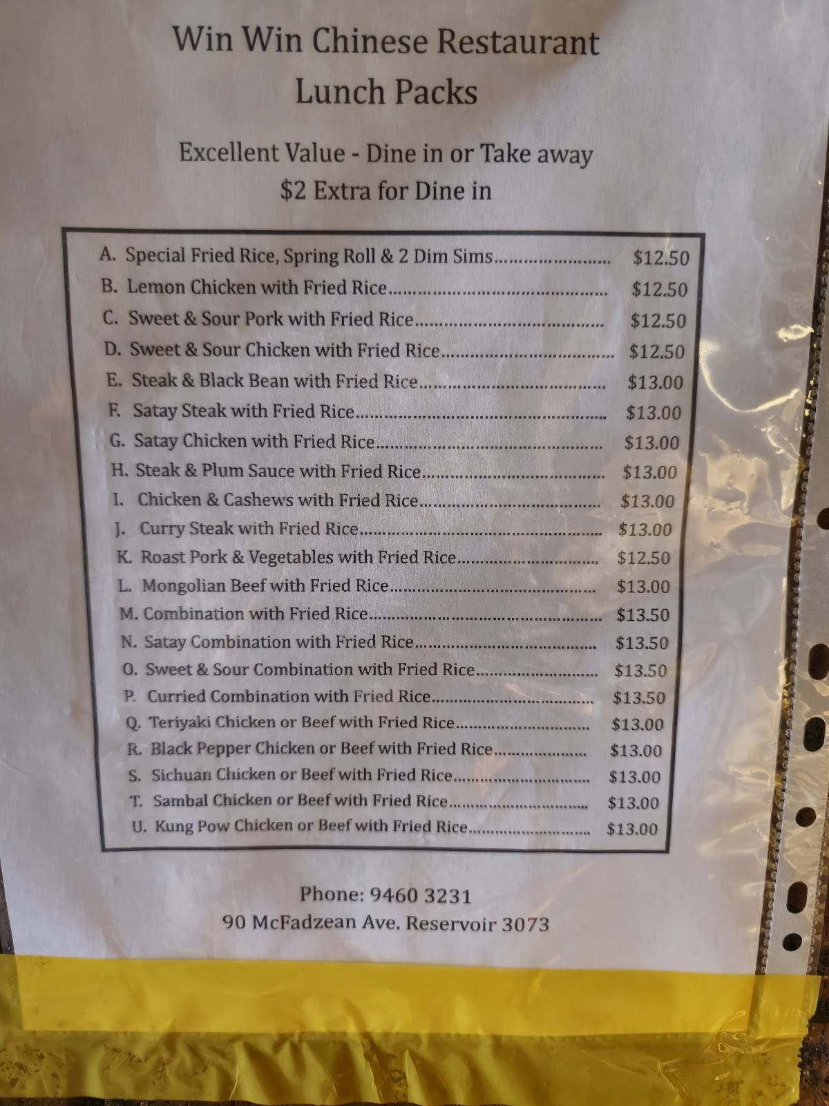 Menu at Win Win Chinese Restaurant, Reservoir