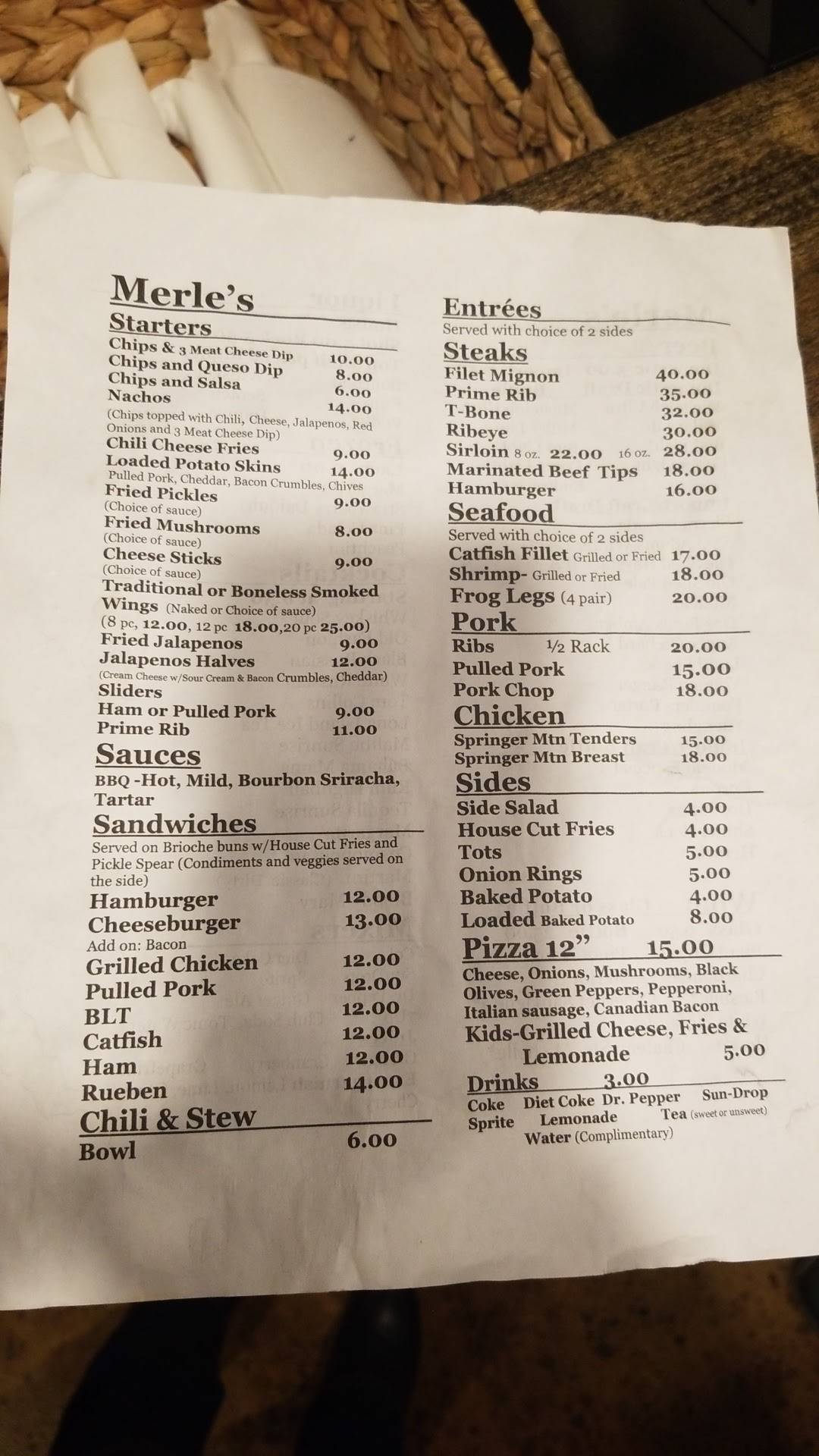 Menu at Merle’s restaurant, Winchester