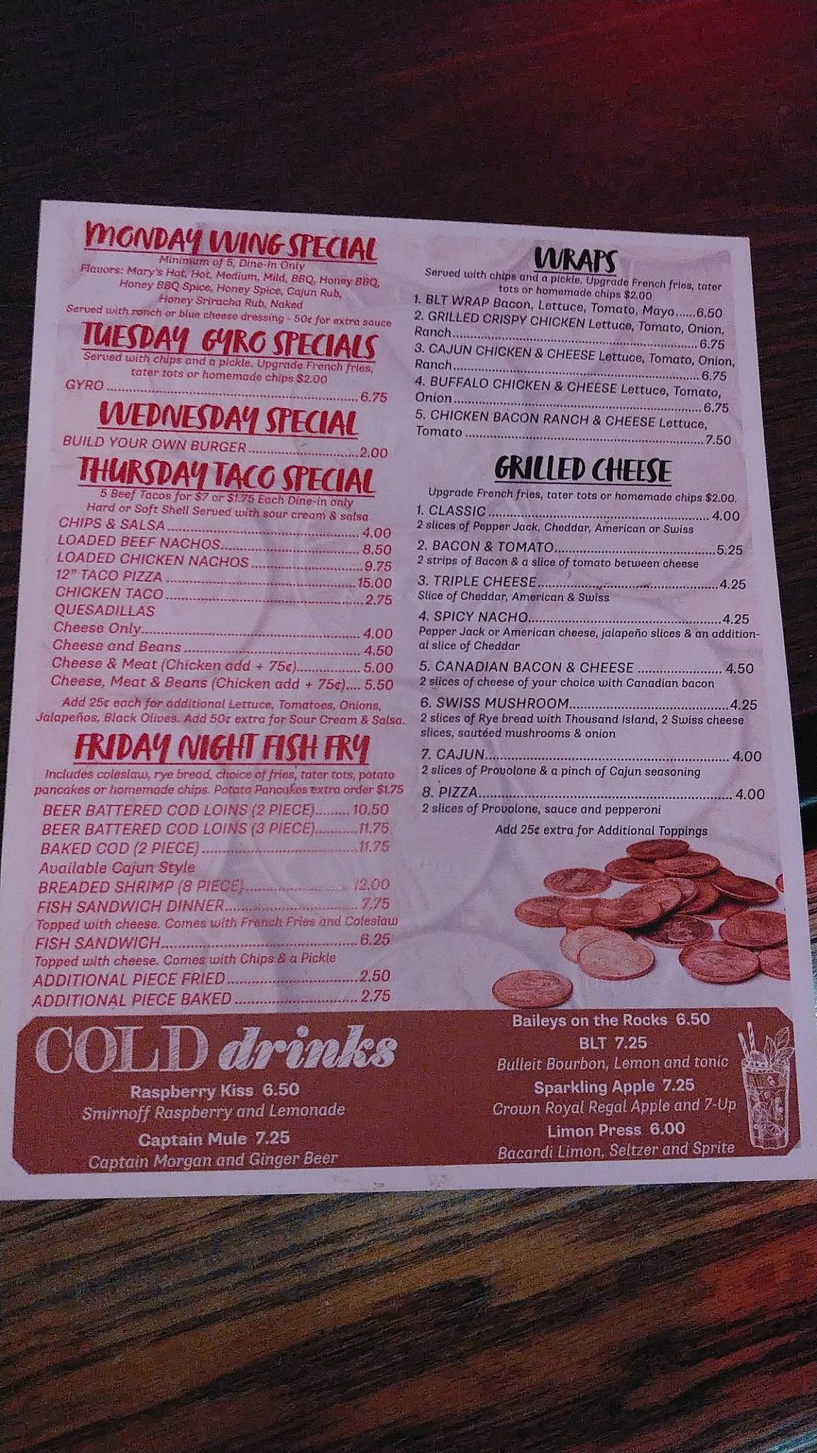 Menu at Penny Bar, Wind Lake