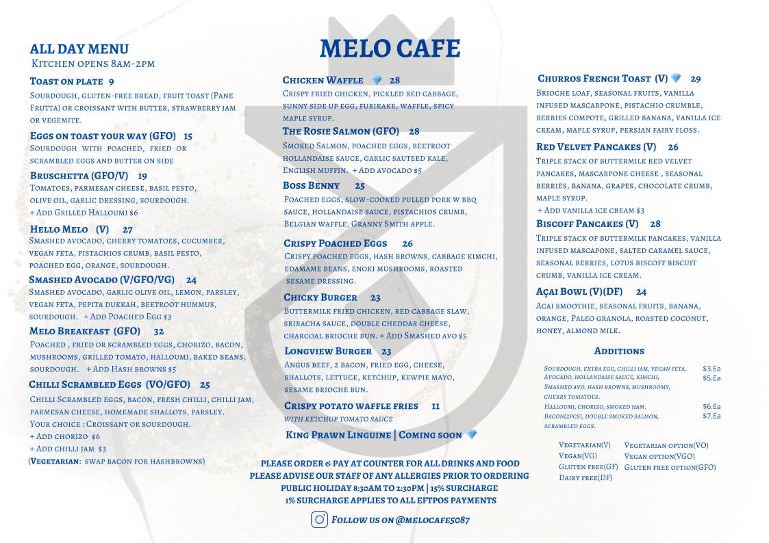 Menu at Melo Cafe, Windsor Gardens