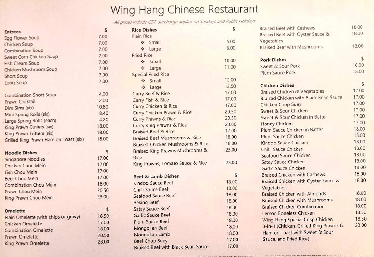 Menu at Wing Hang Chinese Restaurant, Molong