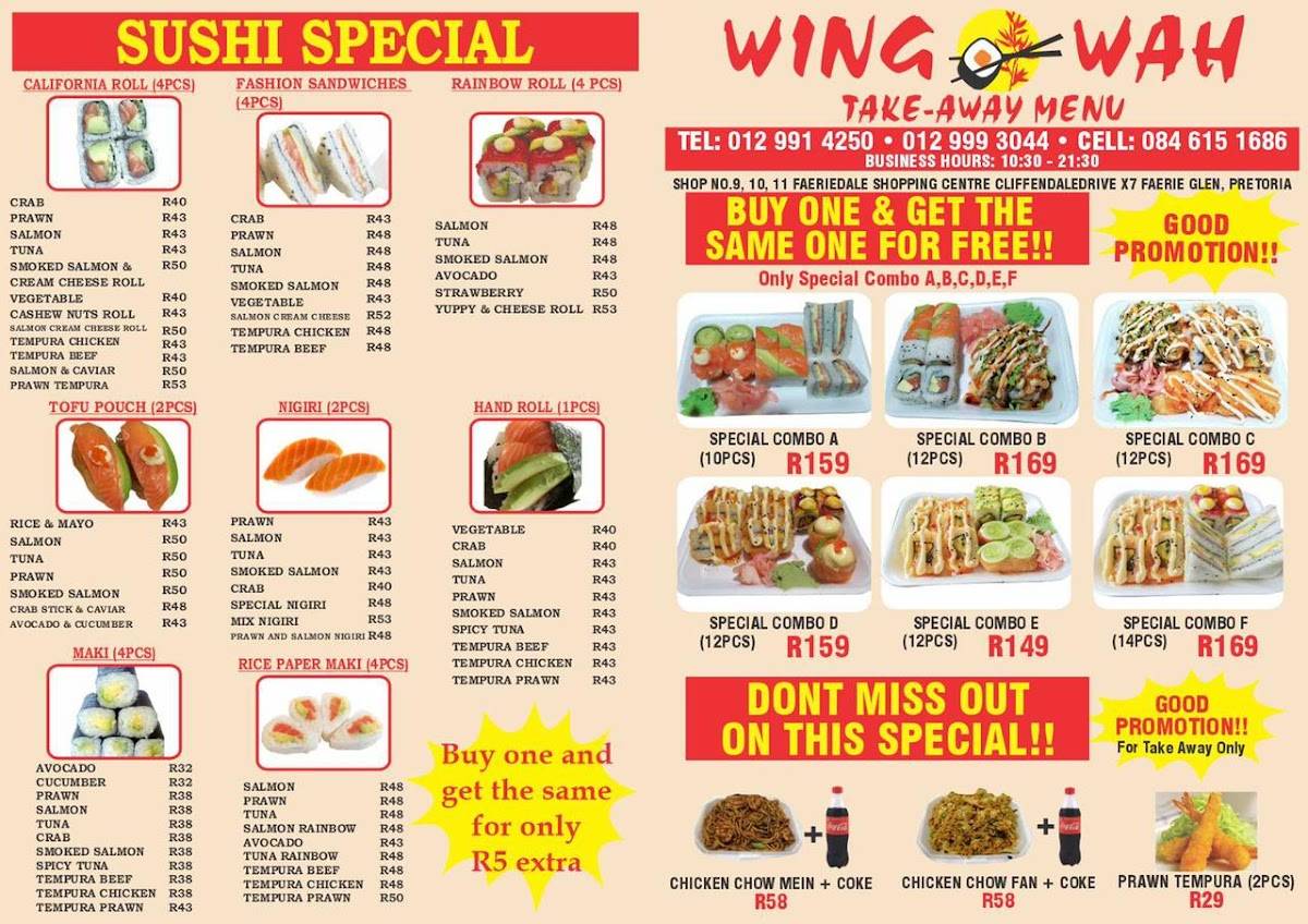 Menu at Wing Wah Sushi & Chinese Restaurant, Pretoria, Faeriedale ...