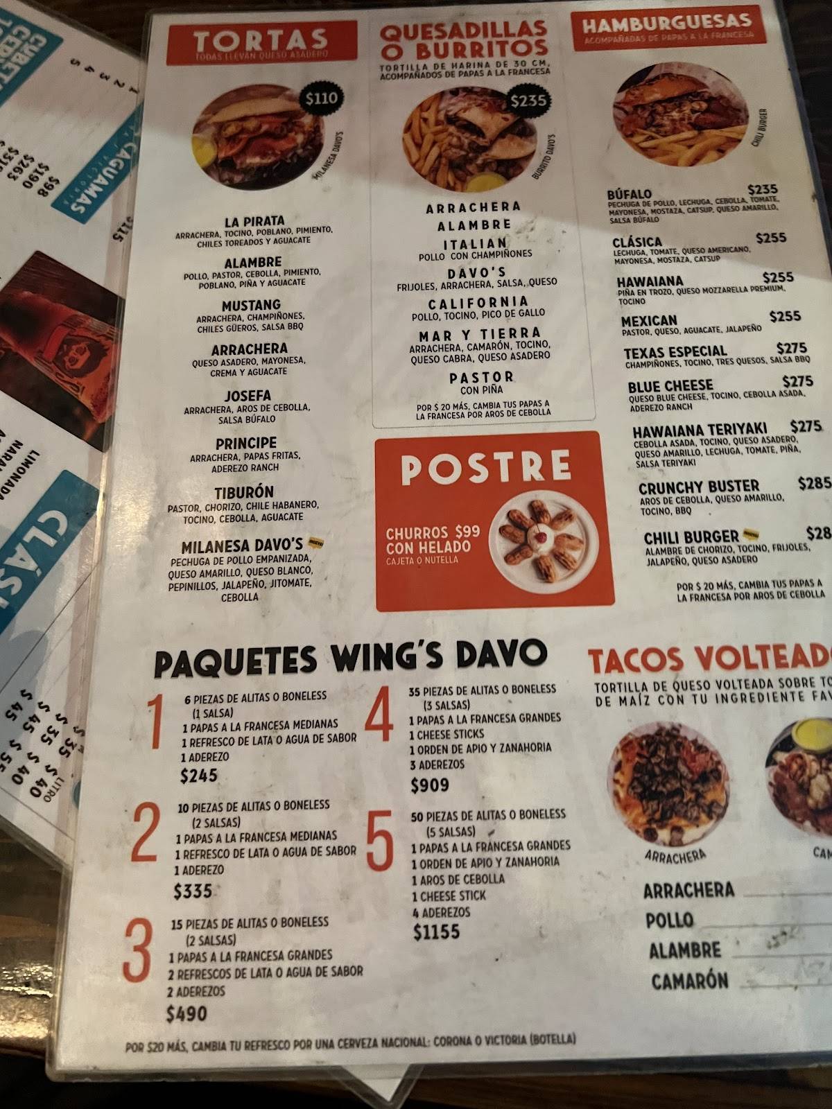 Carta del restaurante Wings' DAVO, San Luis Potosi, Álvaro Obregón 601