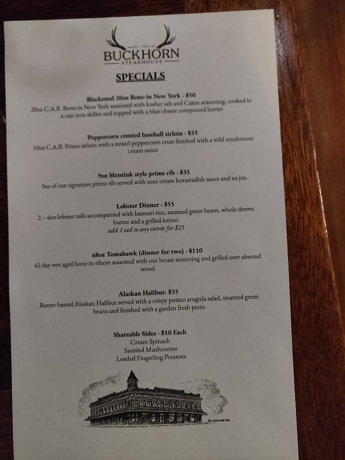 Menu at Buckhorn Steakhouse, Winters