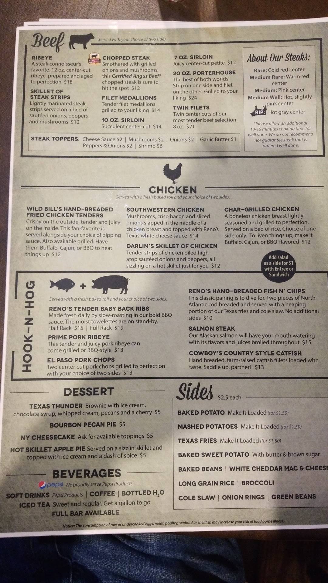 Menu at Reno's of Wise pub & bar, Wise