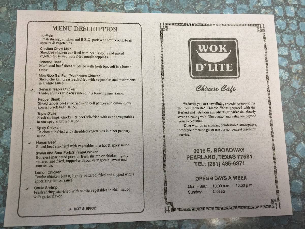Menu at Wok D'Lite restaurant, Pearland, E Broadway St