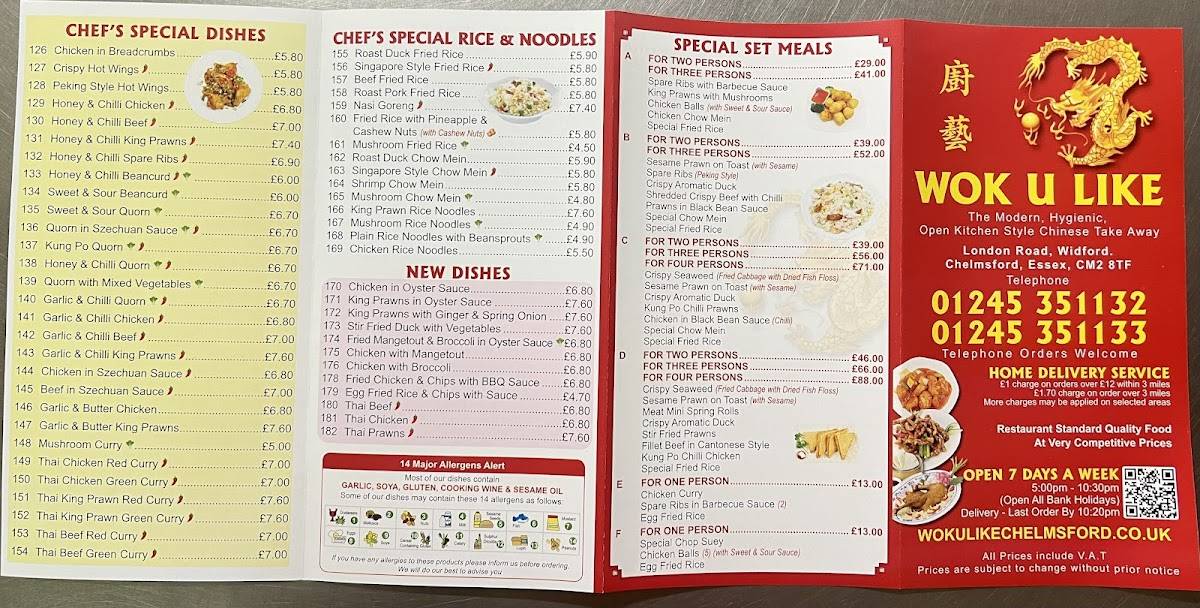Carta de comida rápida Wok u like Chelmsford, Chelmsford
