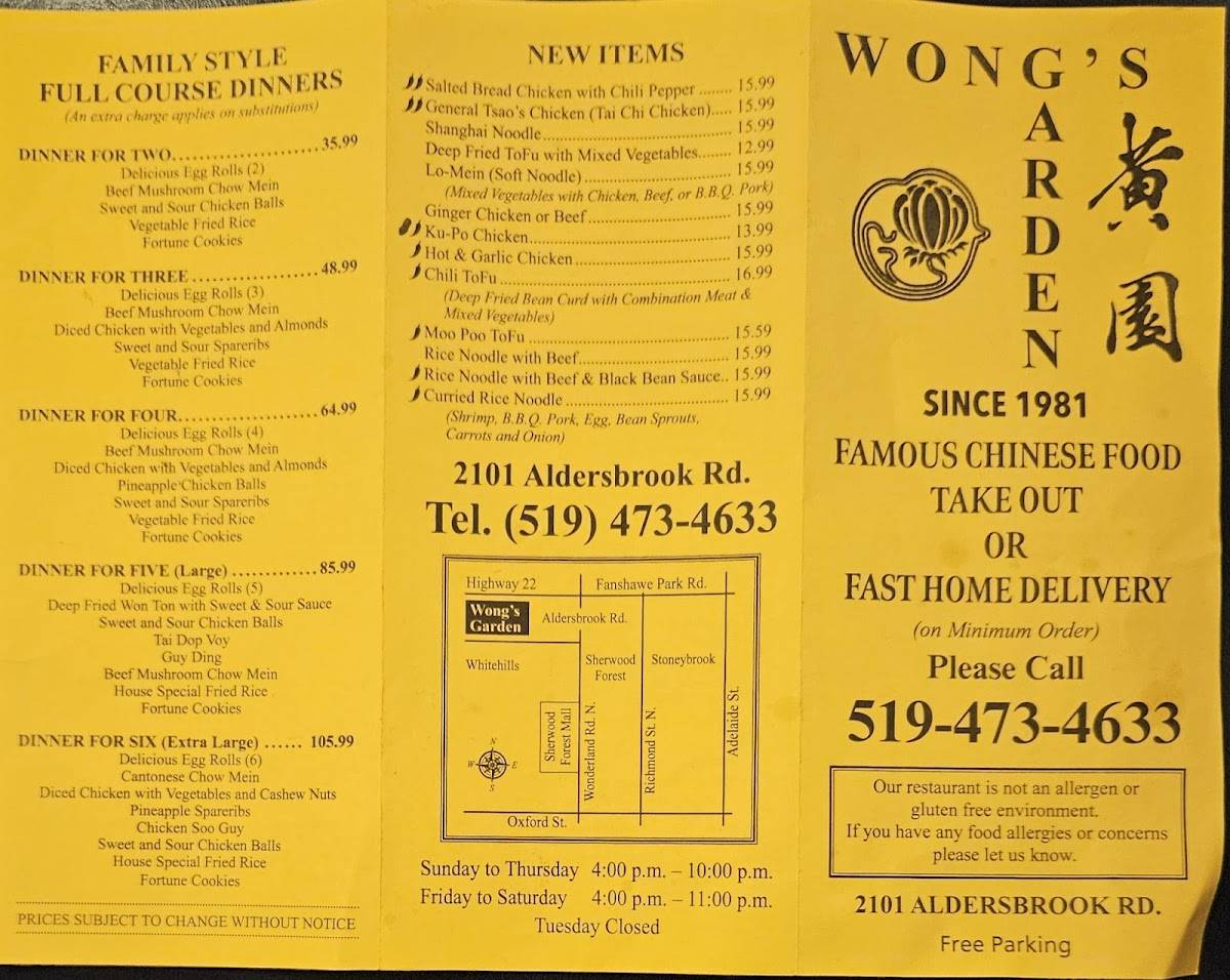 Menu at Wong's Garden restaurant, London