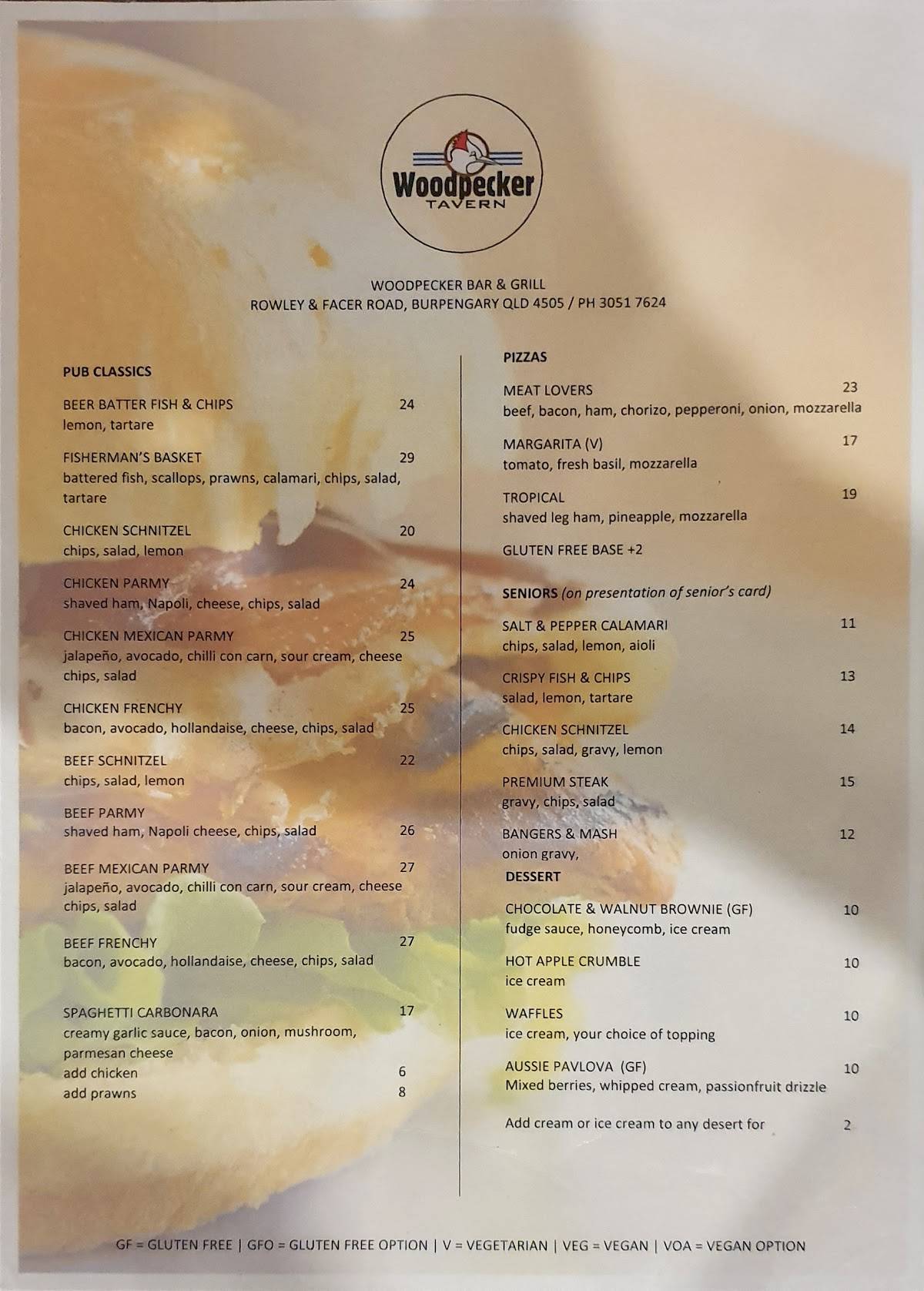 Menu at Woodpecker Bar & Grill, Burpengary