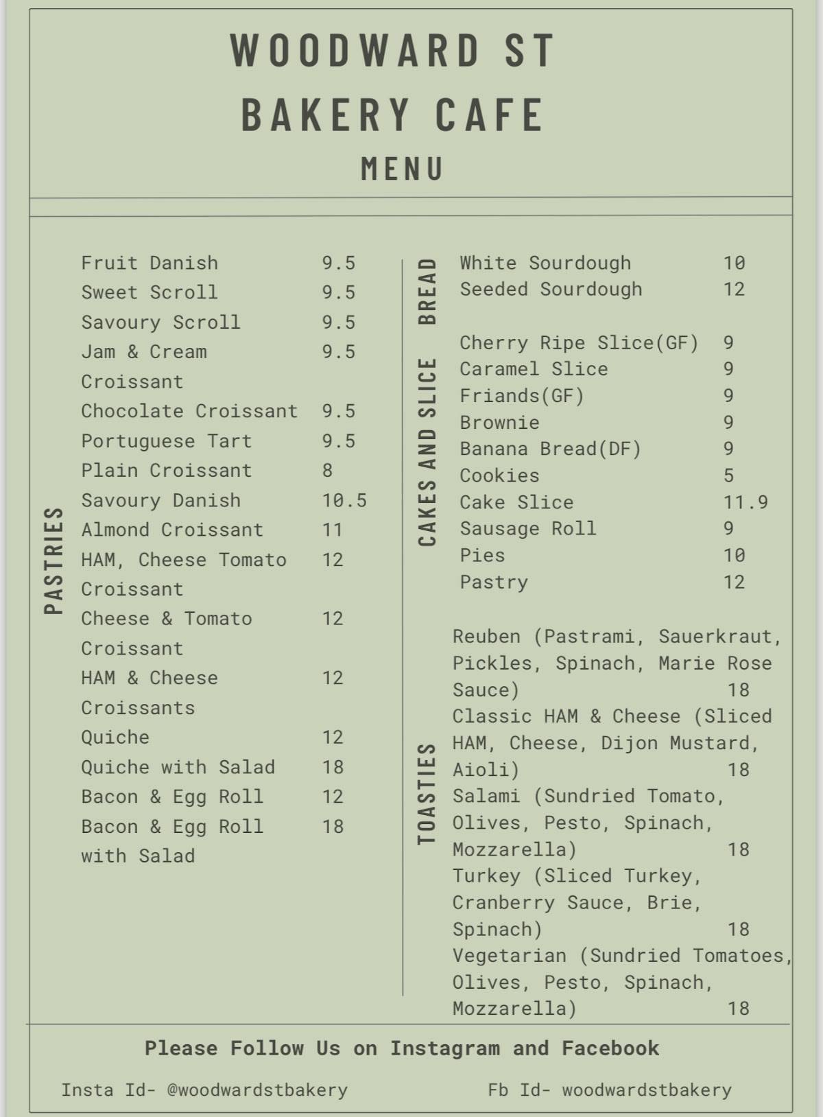 Menu at Woodward St Bakery Cafe, Whitfield