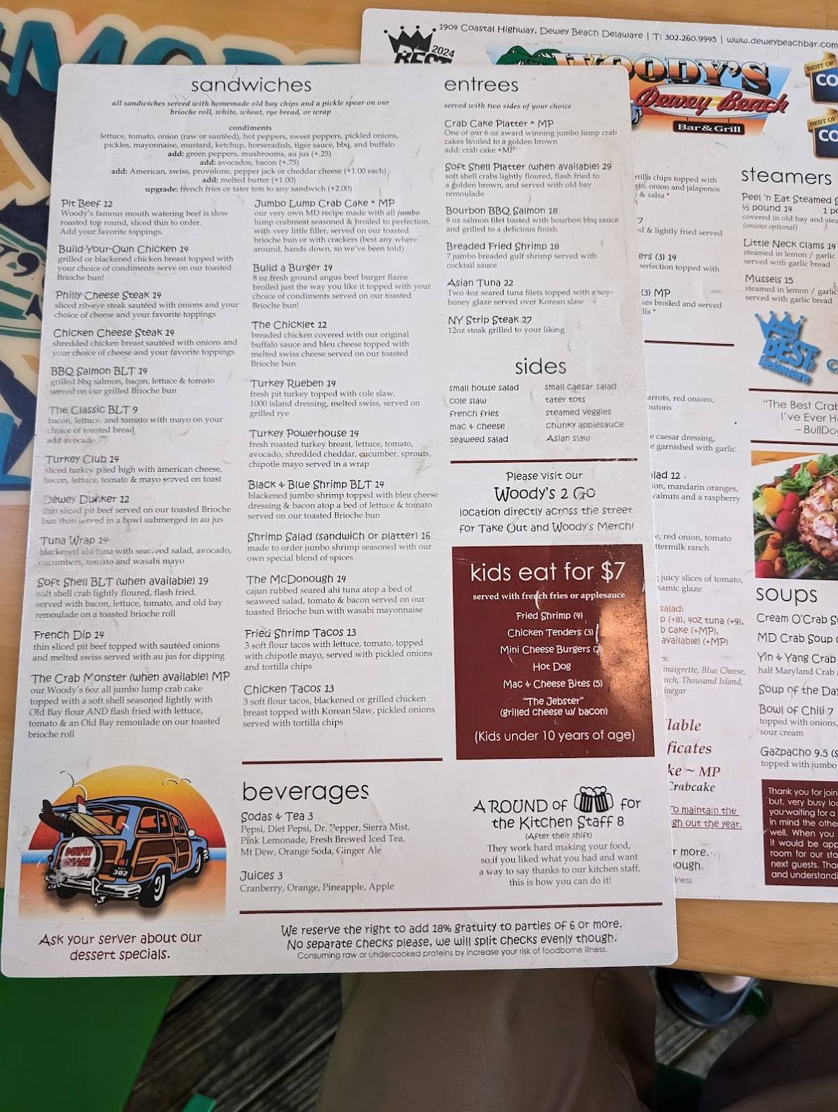 Menu at Woody's Dewey Beach pub & bar, Dewey Beach, Coastal Hwy