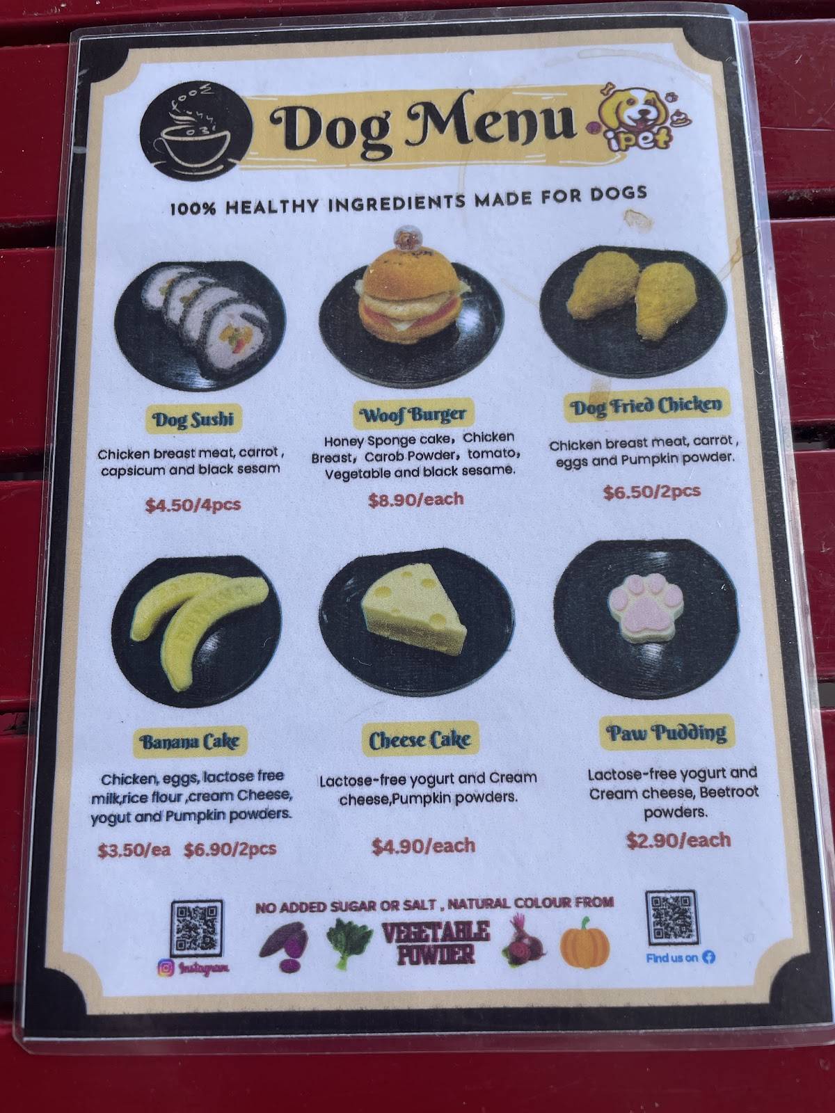 Menu at Woofissimo cafe, Macgregor