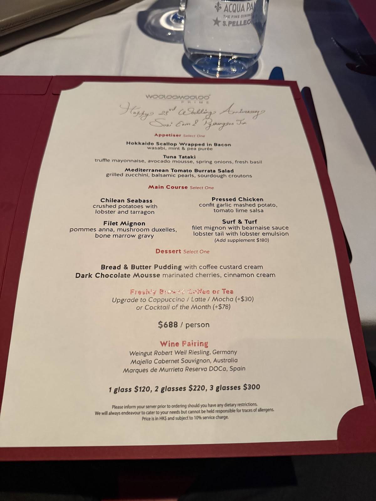 Menu at Wooloomooloo Prime steakhouse, Hong Kong, Level 21