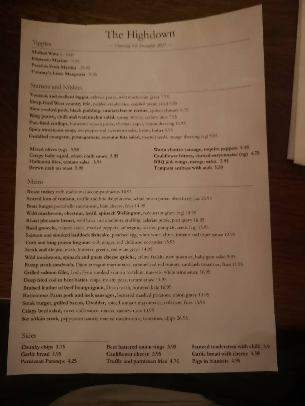 Menu at The Highdown pub & bar, Worthing