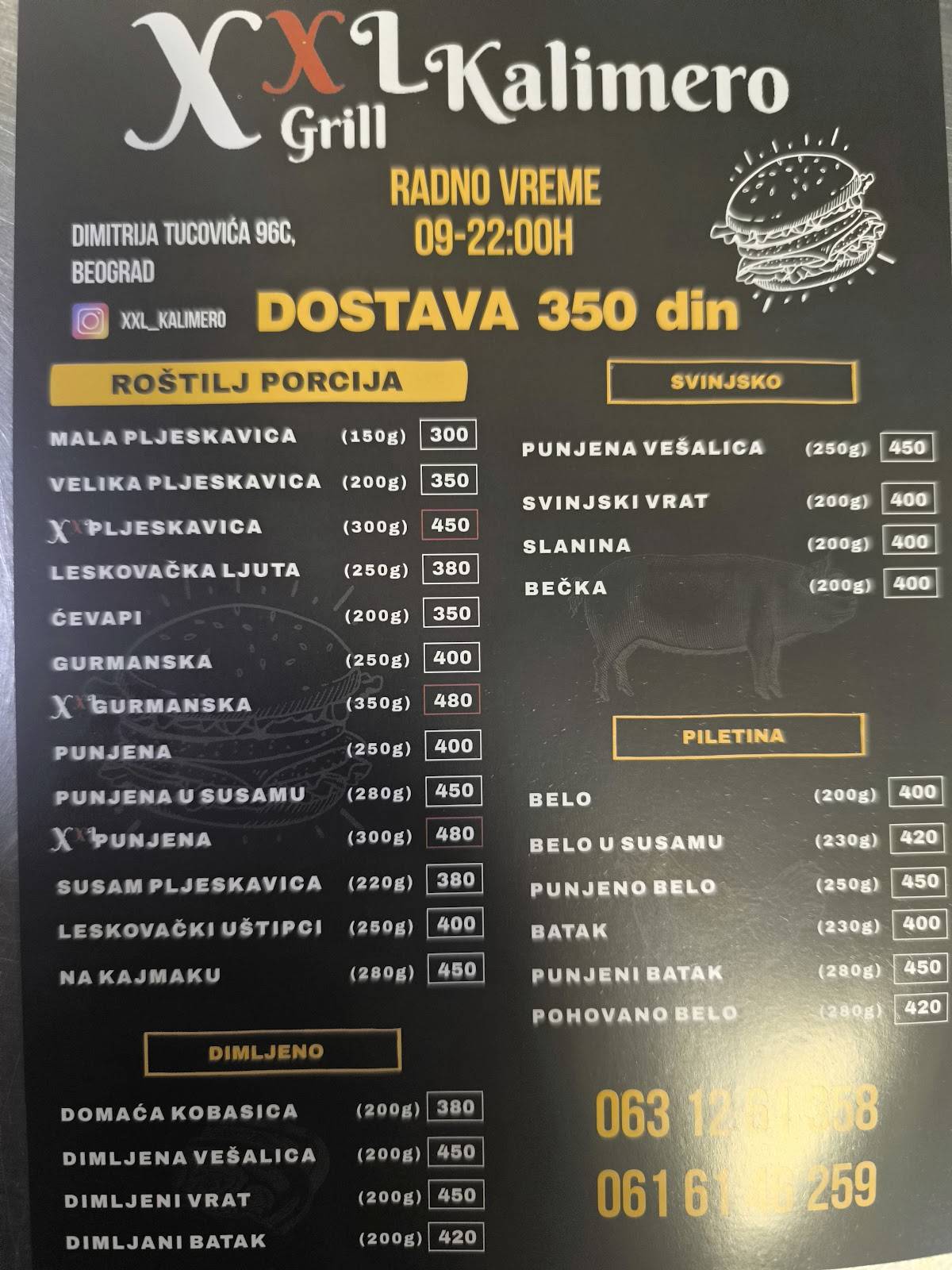 Menu at XXL Kalimero grill restaurant, Belgrade