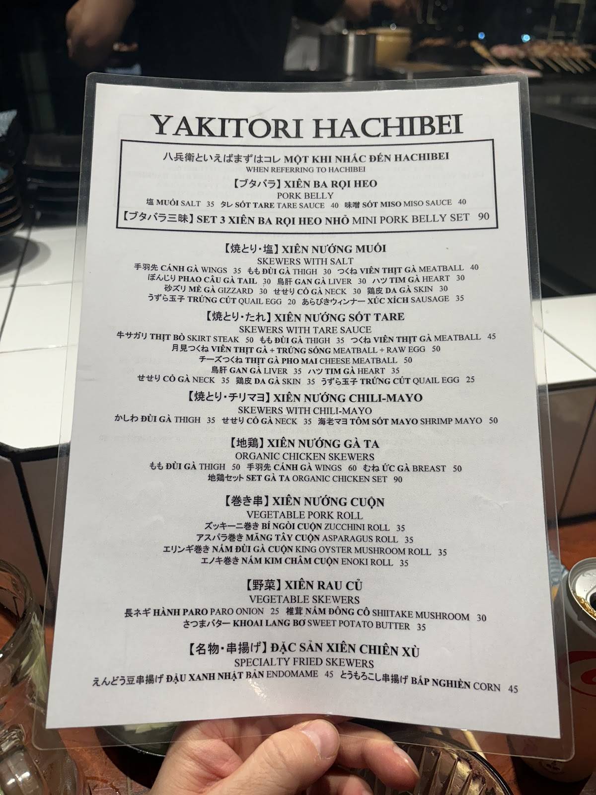 Menu at YAKITORI HACHIBEI restaurant, Ho Chi Minh City