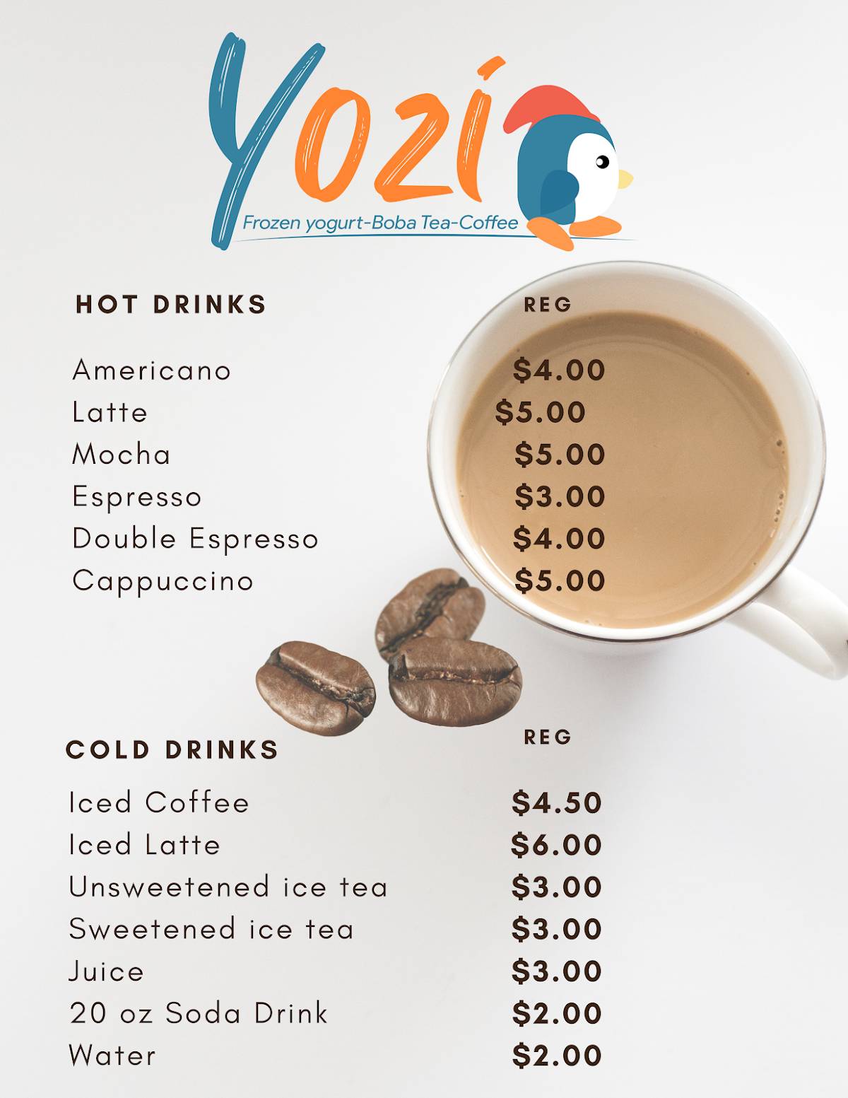 Carta de YOZI CAFE, Frozen Yogurt, Boba Tea and Smoothies, Zephyrhills