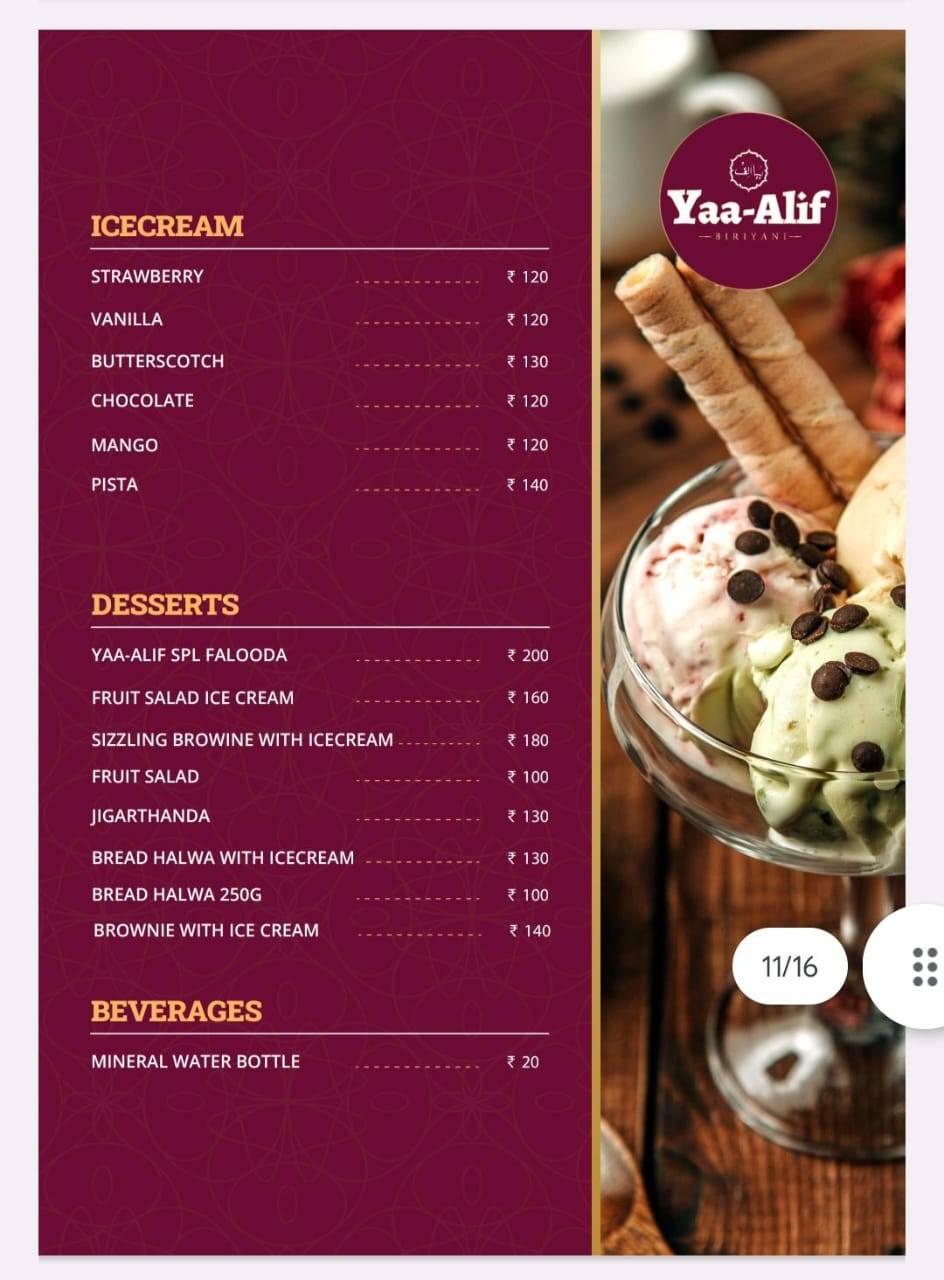 Menu at Yaa Alif Biriyani Velappanchavadi, Chennai, 85/87