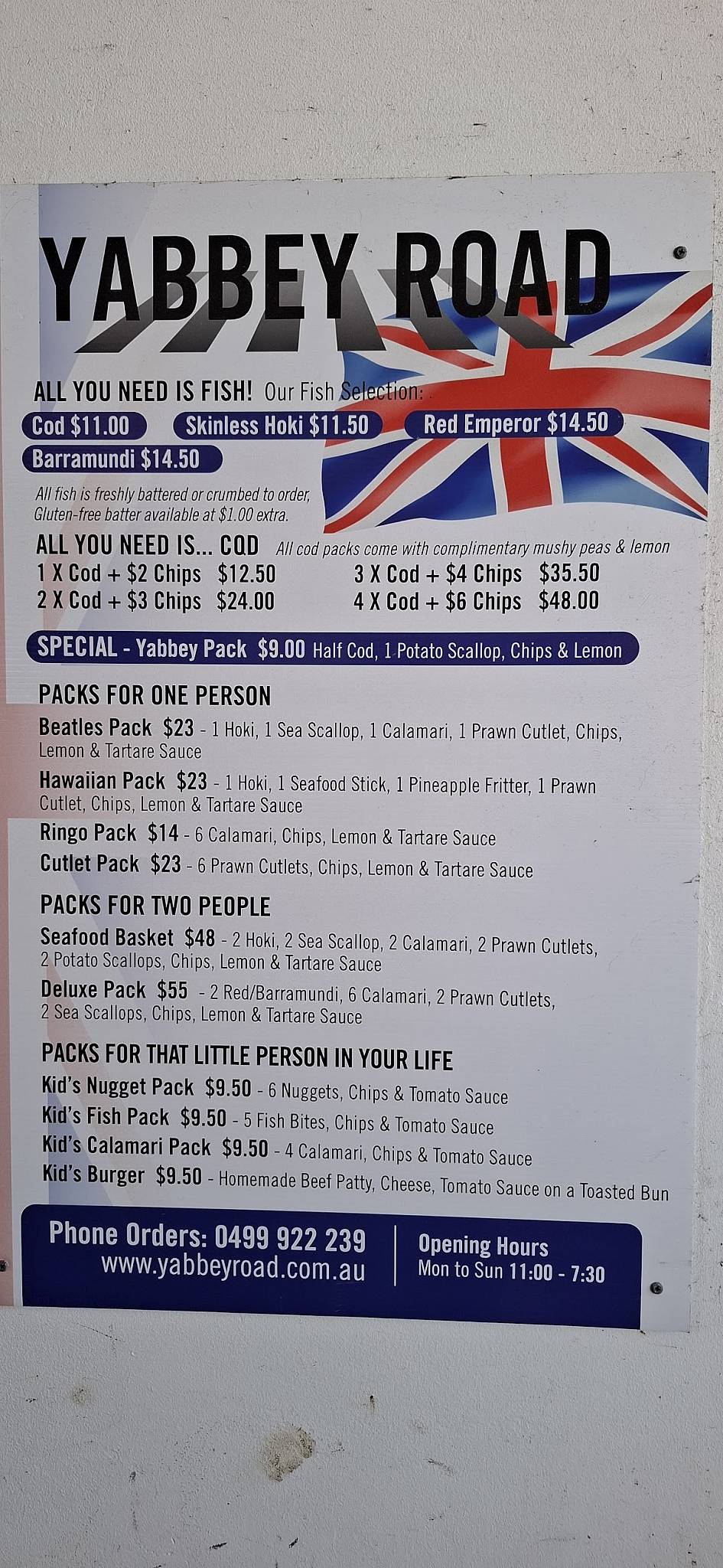 Menu at Yabbey Road restaurant, Redcliffe