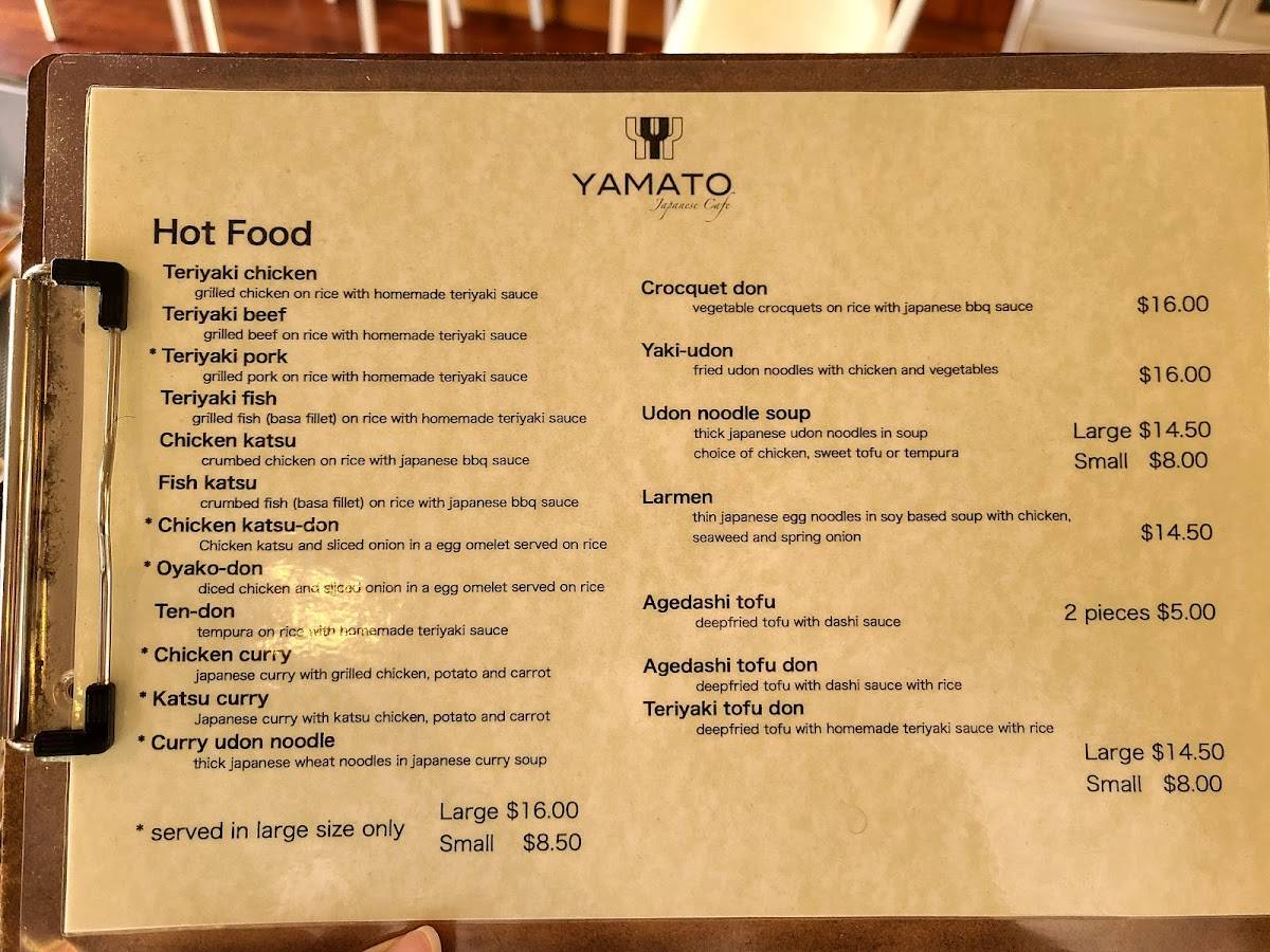 Menu at Yamato Japanese Cafe, West Perth