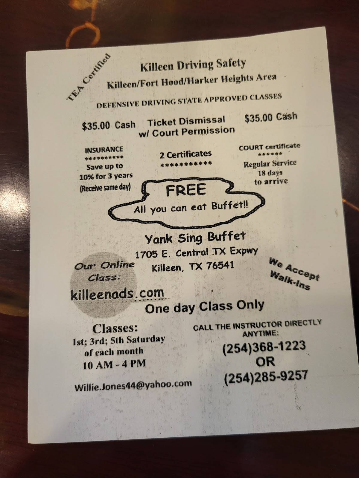 Menu at Yank Sing restaurant, Killeen