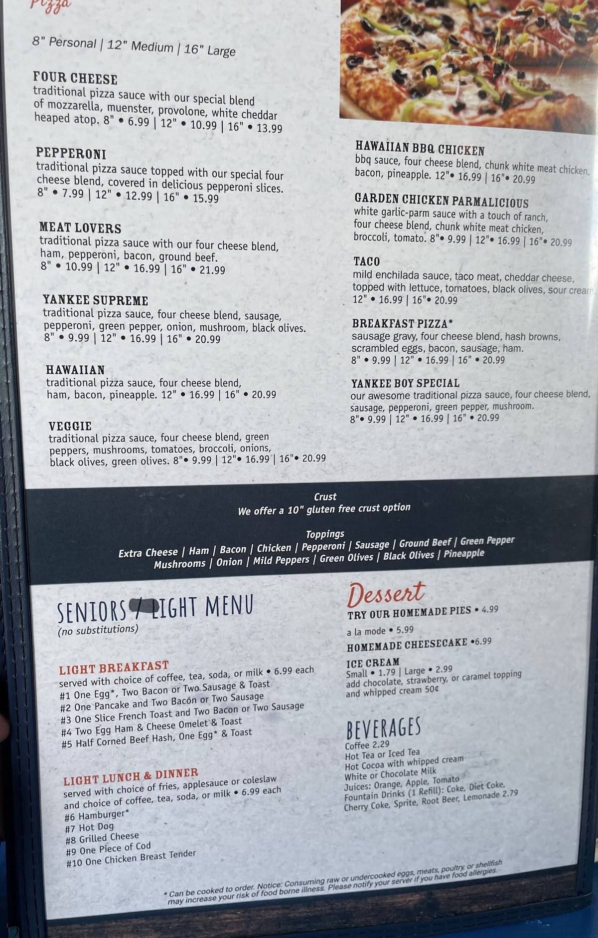 Menu at Yankee Boy Restaurant, South Boardman, US-131