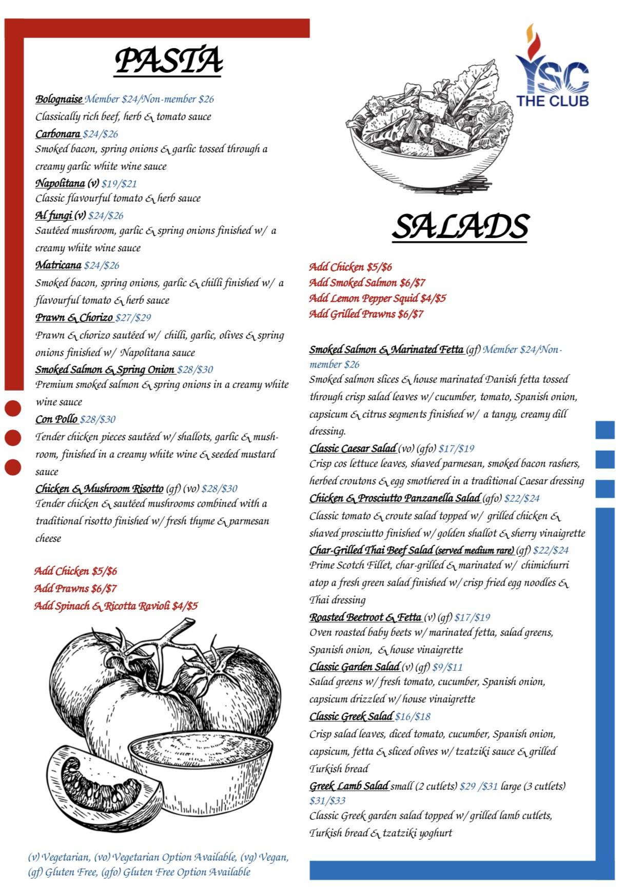 Menu at Yass Soldiers Club, Yass