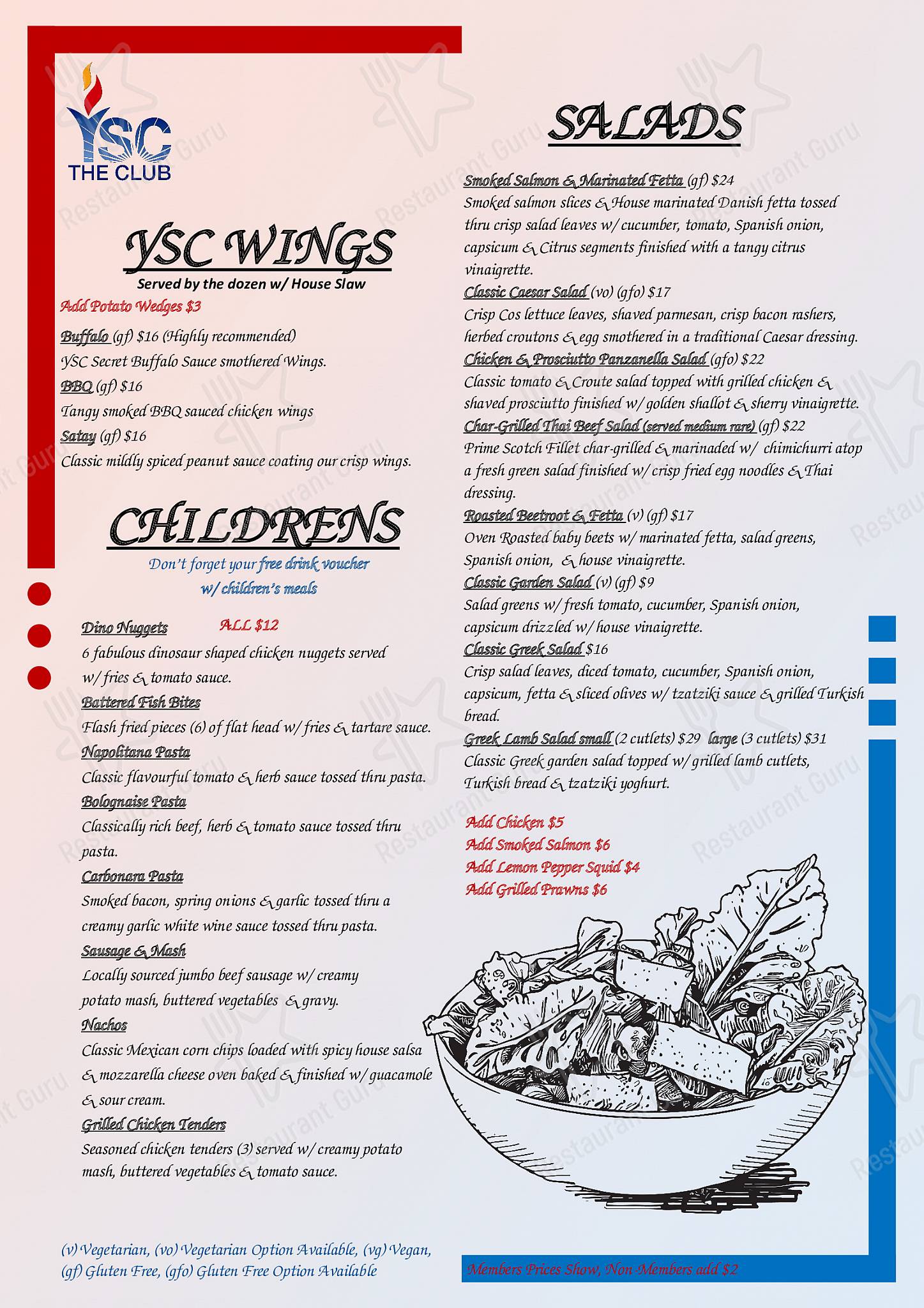 Menu at Yass Soldiers Club, Yass