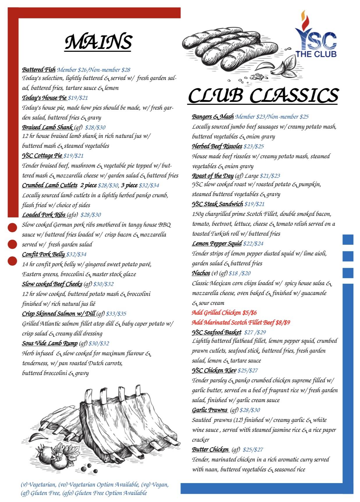 Menu at Yass Soldiers Club, Yass