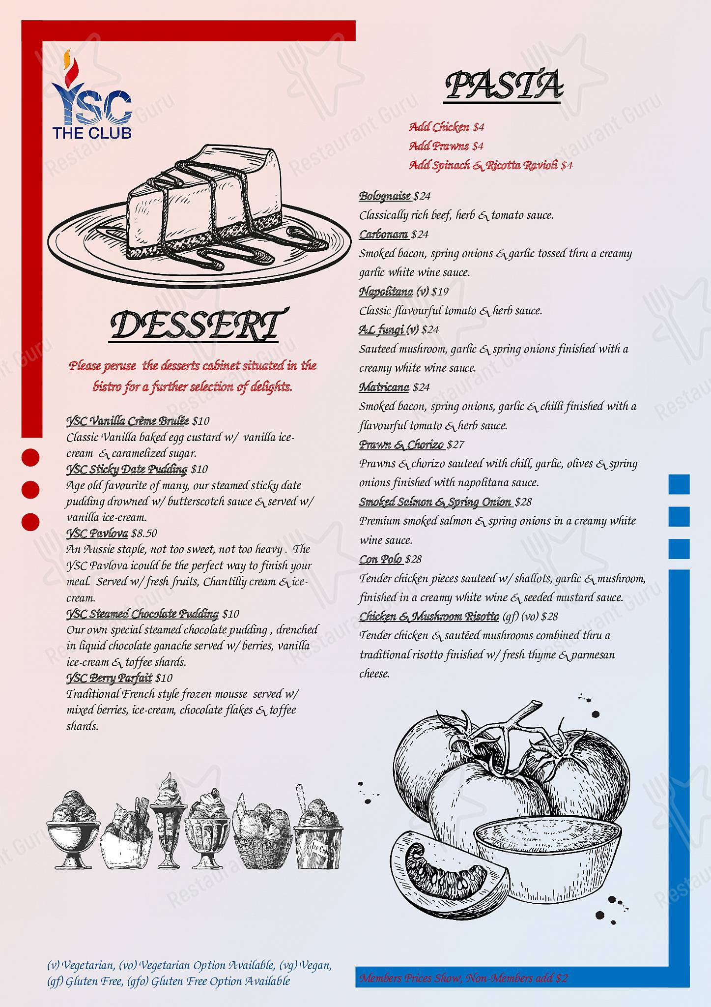 Menu at Yass Soldiers Club, Yass