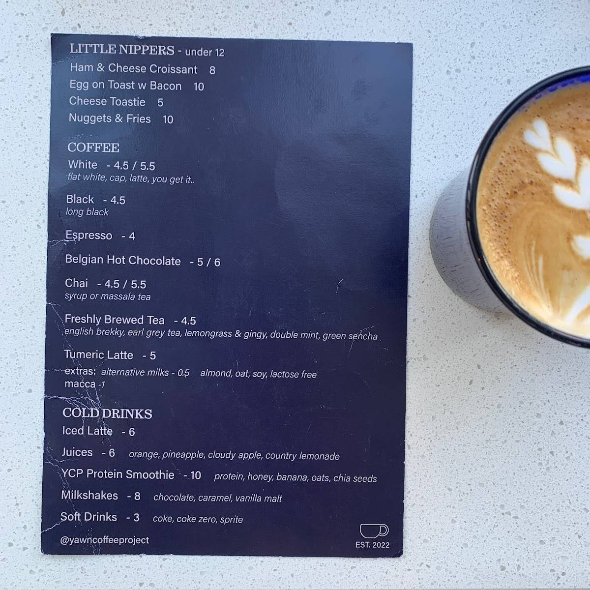 Menu at Yawn Coffee Project cafe, Yowie Bay