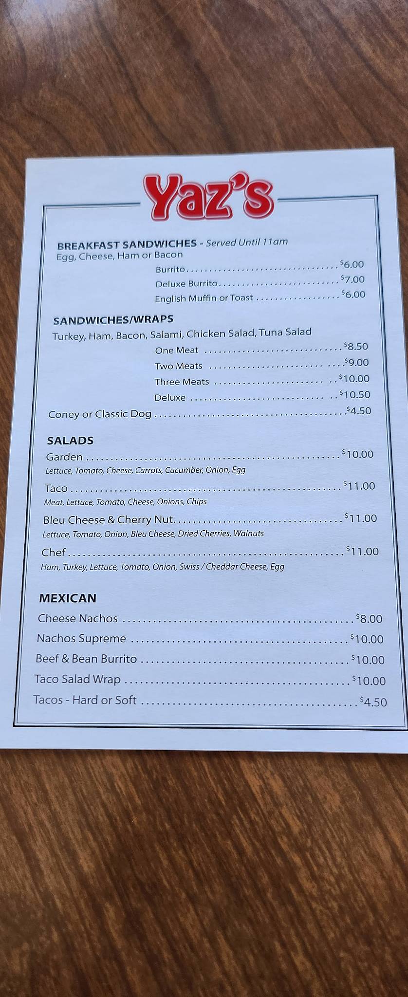 Menu at Yaz's, Indian River