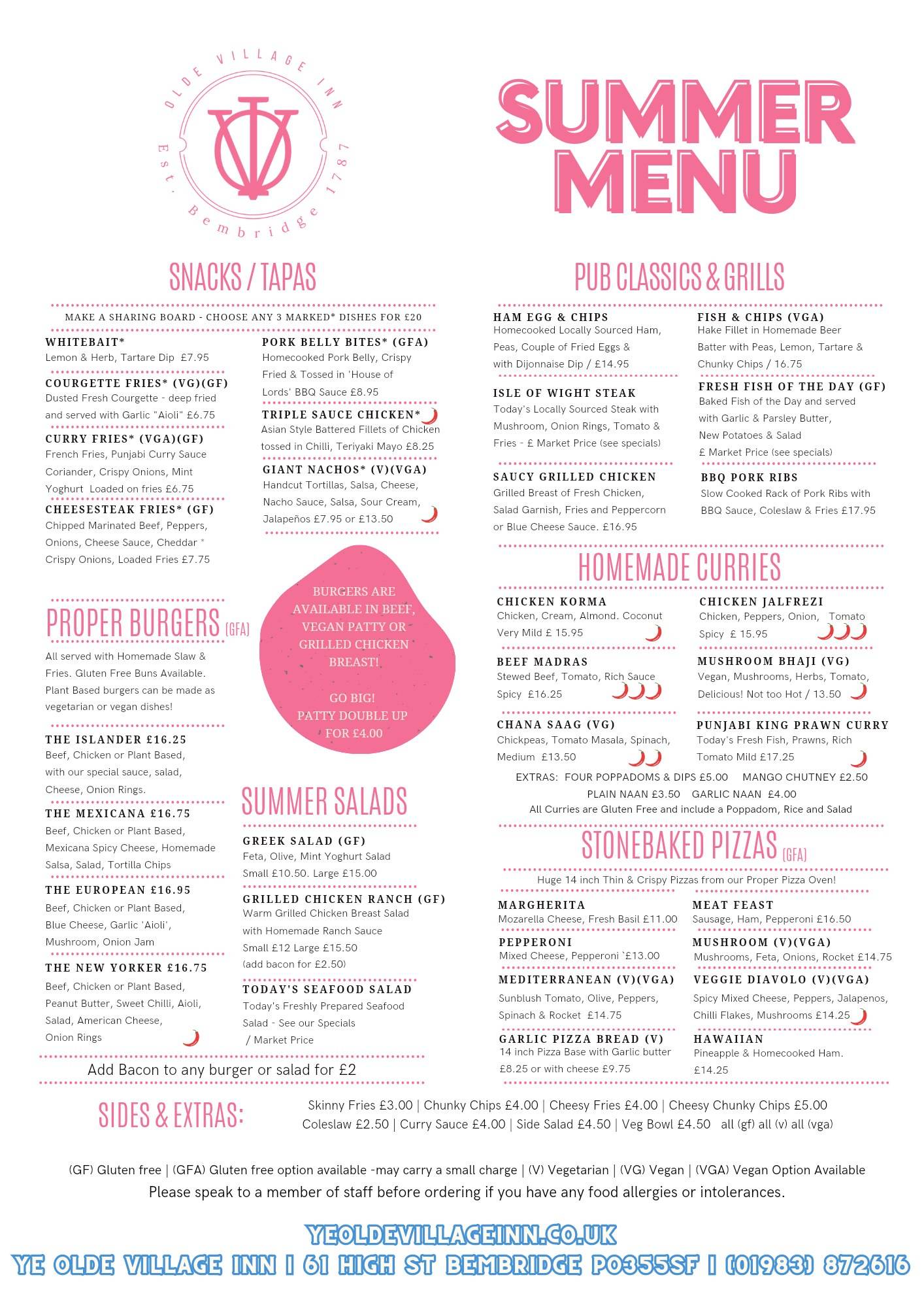 Menu at Ye Olde Village Inn pub & bar, Bembridge