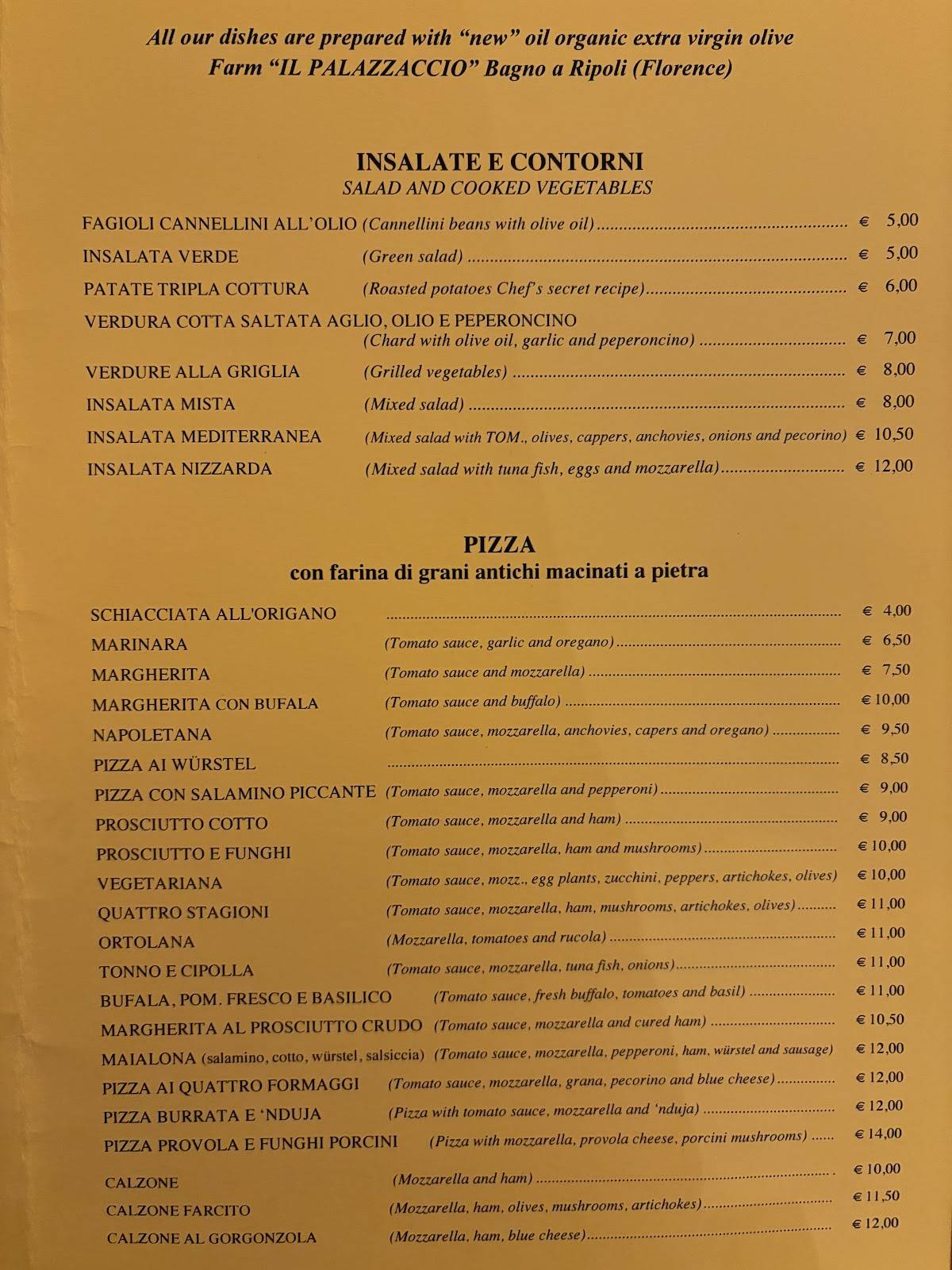 Menu at Yellow Bar, Florence