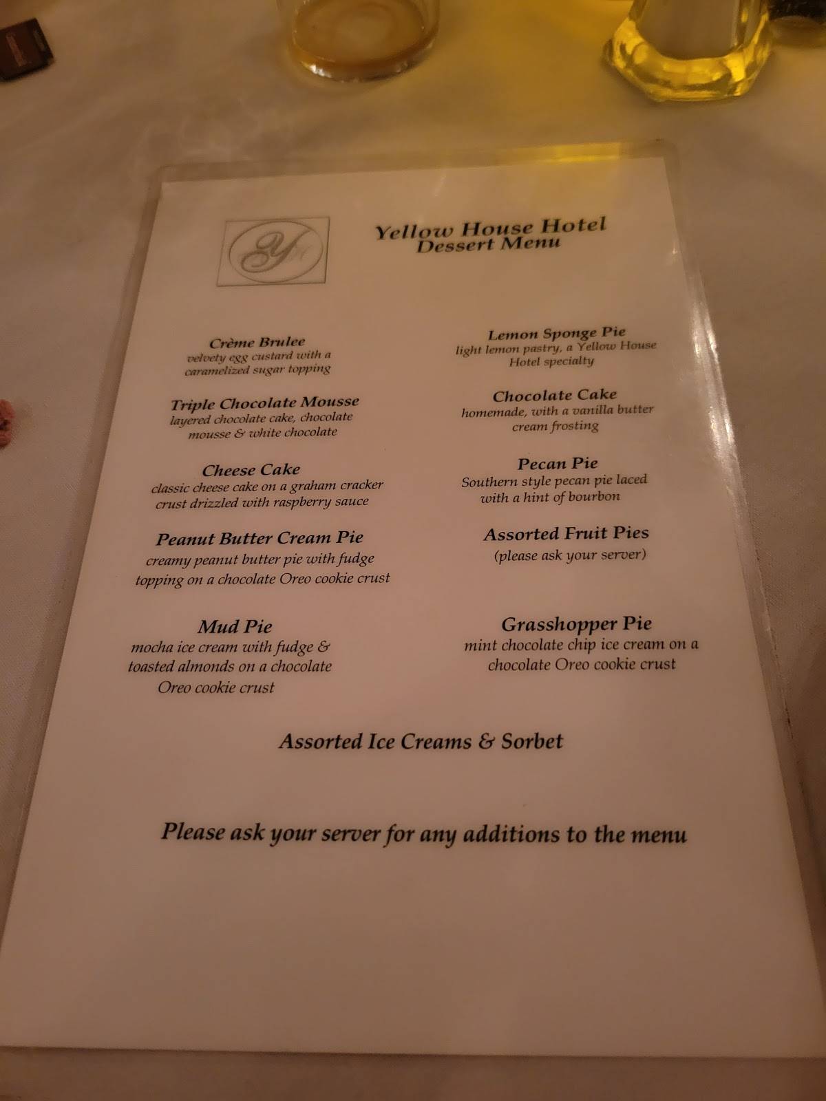 Menu at Yellow House Hotel restaurant, USA