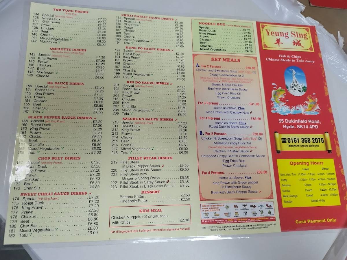 Menu at Yeung Sing restaurant, Hyde, 55 Dukinfield Rd
