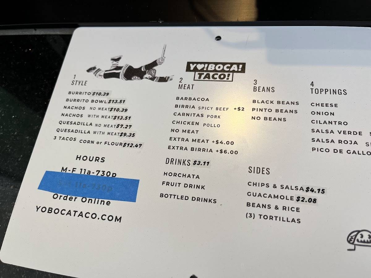 Menu at Yo!Boca!Taco! restaurant, Sturbridge