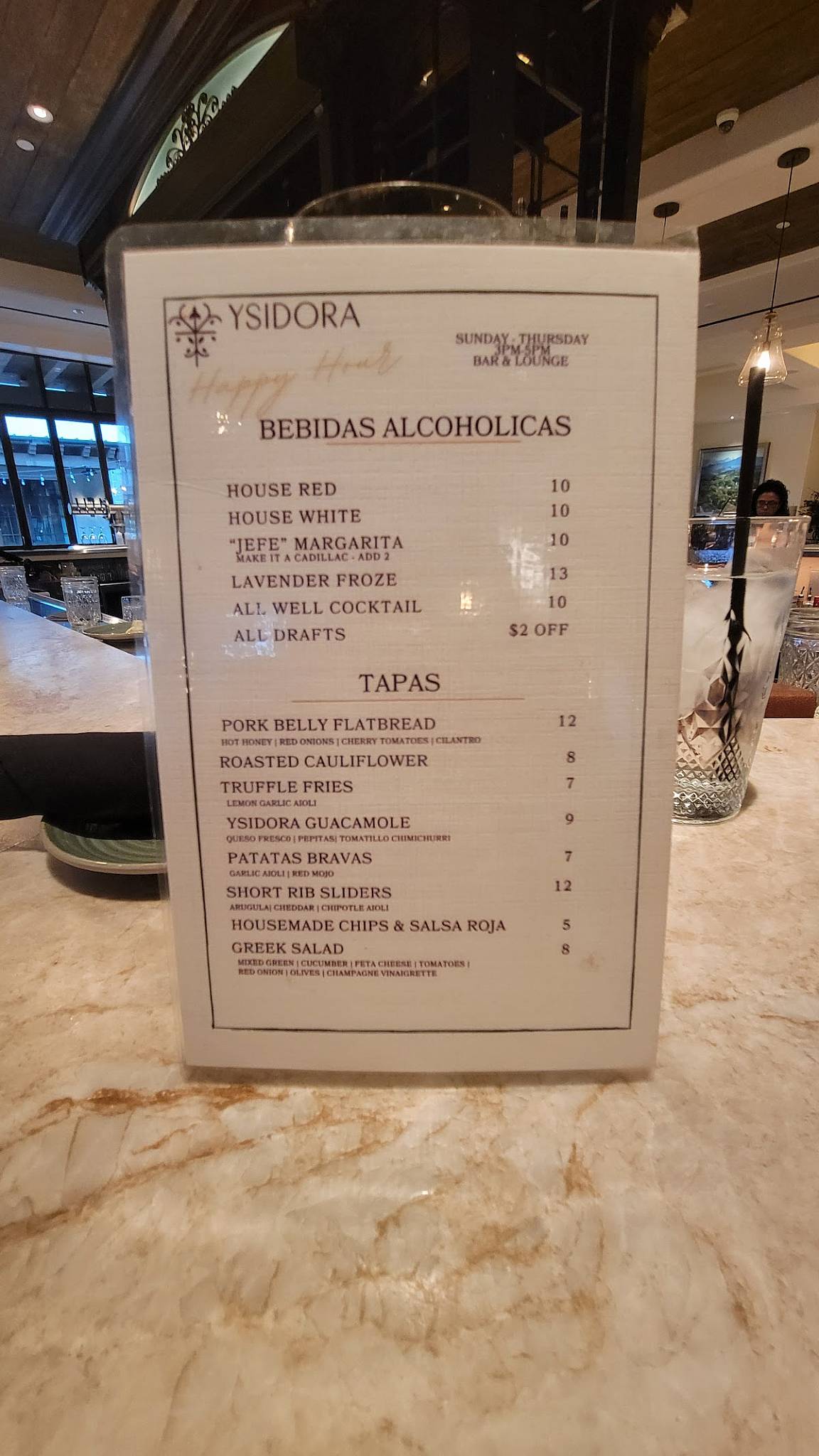 Menu at Ysidora Restaurant and Lounge, San Juan Capistrano